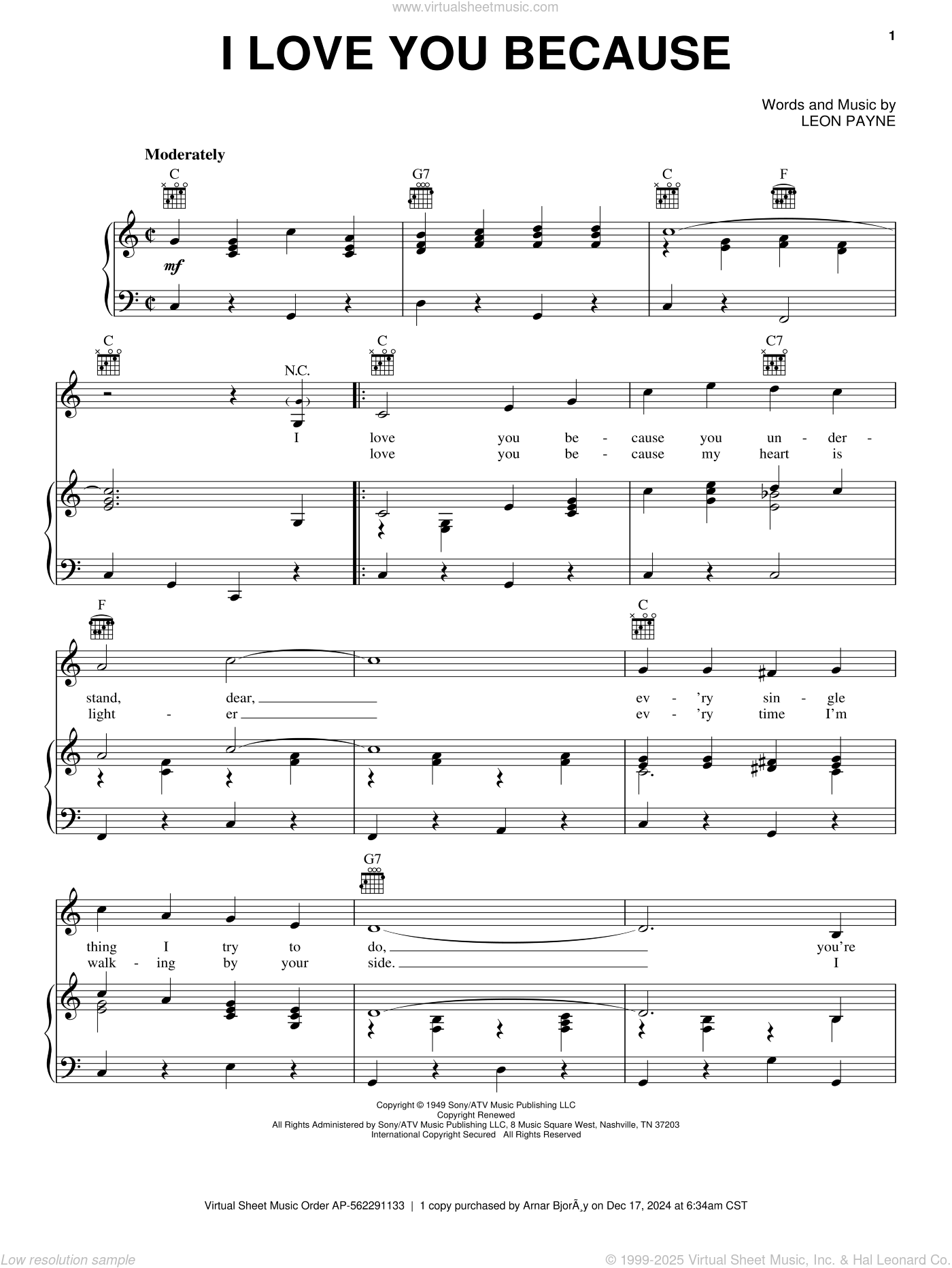 I Love You Because sheet music for voice, piano or guitar (PDF)