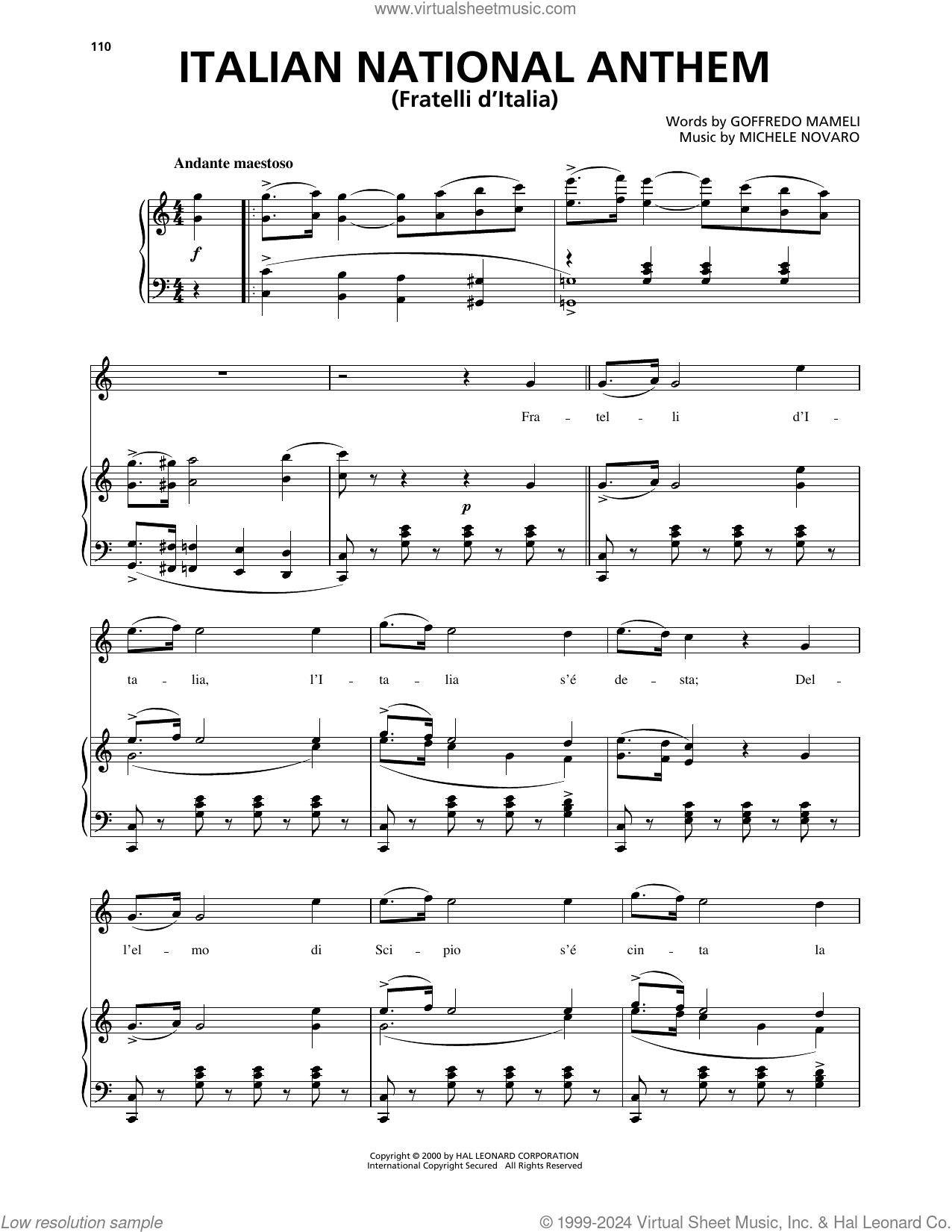 Italian National Anthem (Fratelli d'Italia) sheet music for voice ...