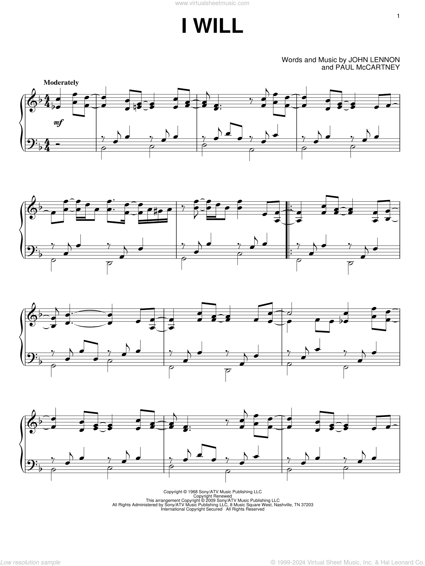 I Will, (intermediate) sheet music for piano solo (PDF)