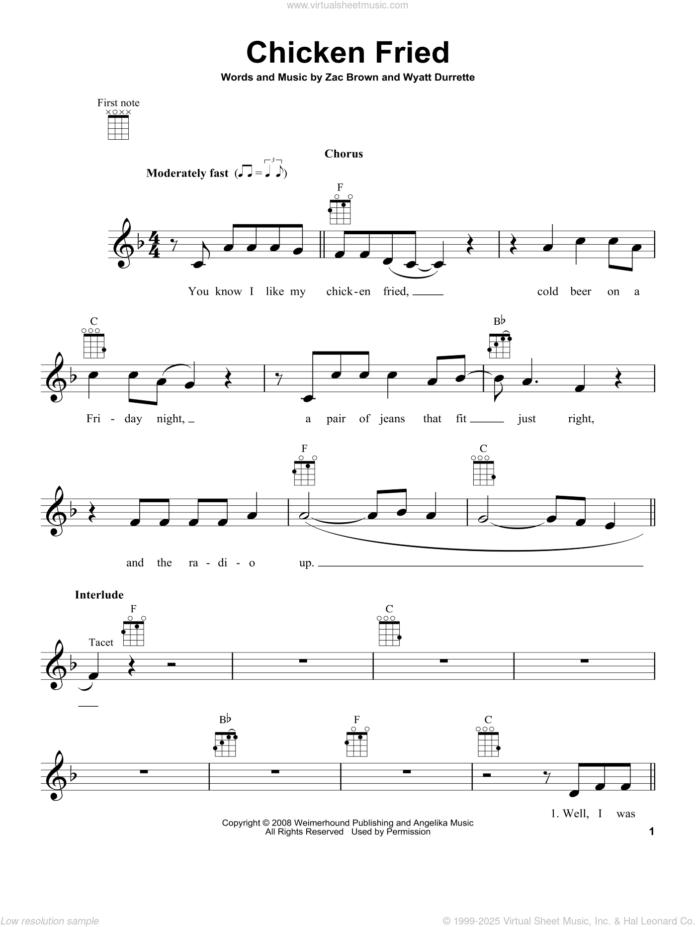 Chicken Fried sheet music for ukulele (PDF)