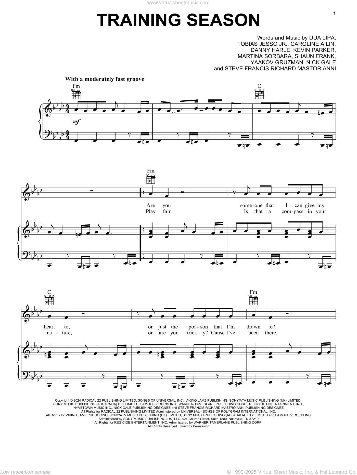 Training Season sheet music for voice, piano or guitar (PDF)