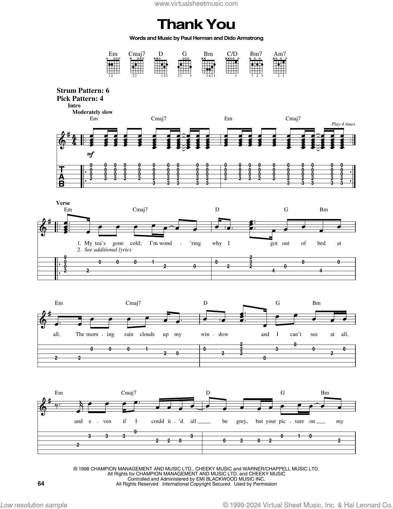 Thank You sheet music for guitar solo (easy tablature) (PDF)