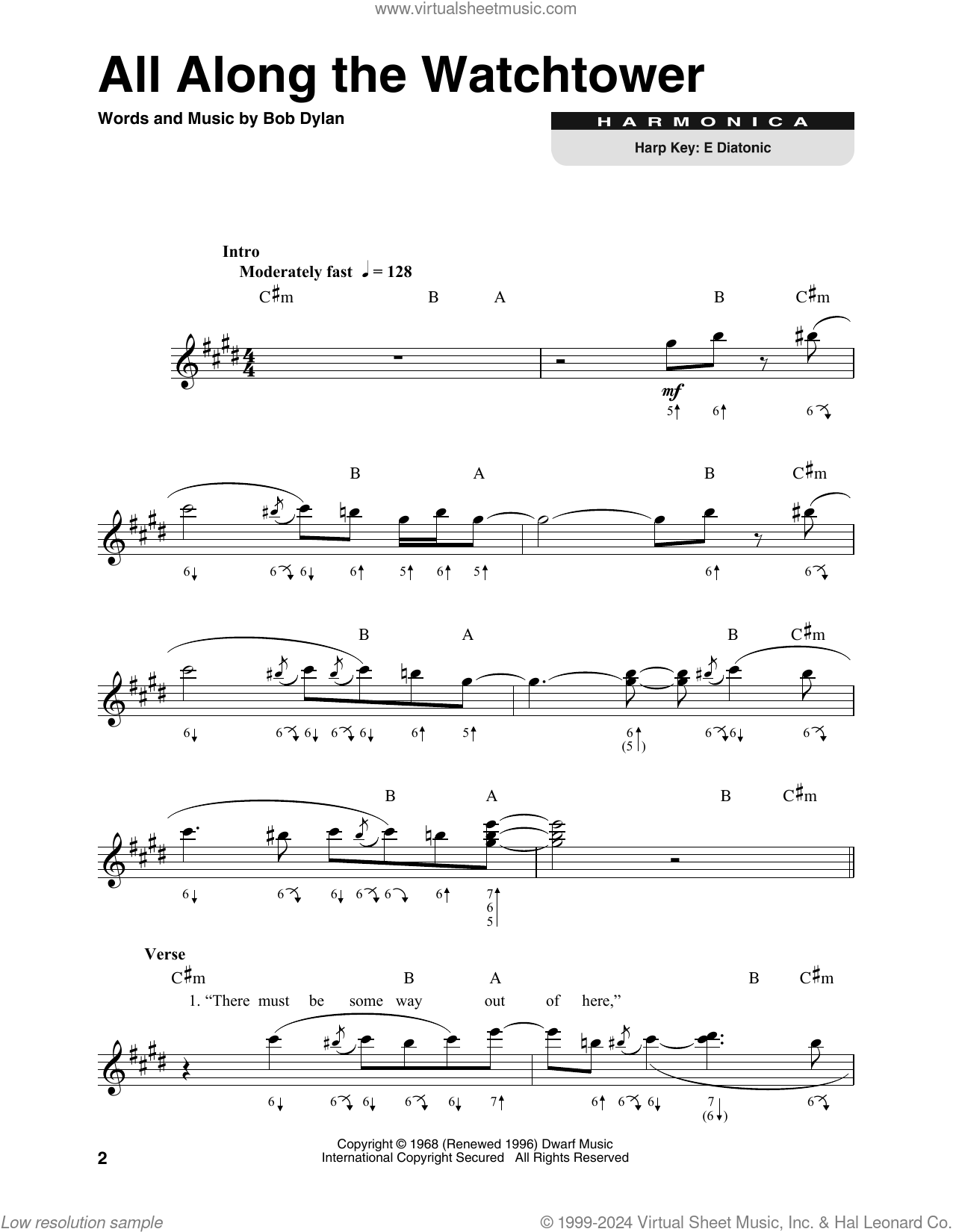 All Along The Watchtower sheet music for harmonica solo (PDF)