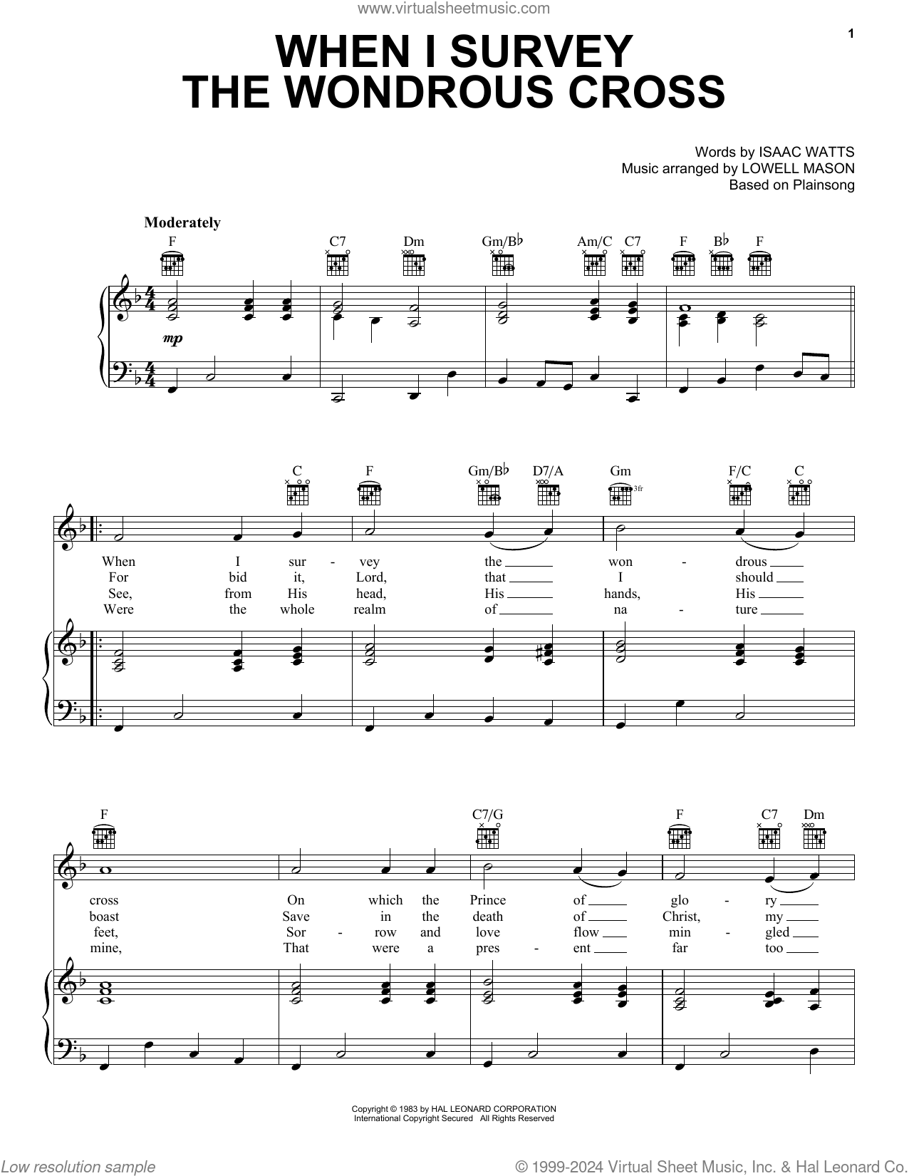 When I Survey The Wondrous Cross sheet music for voice, piano or guitar