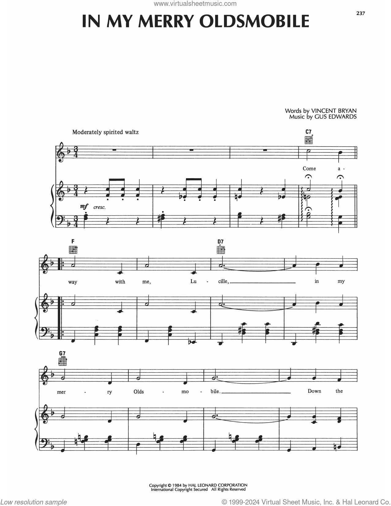 In My Merry Oldsmobile sheet music for voice, piano or guitar