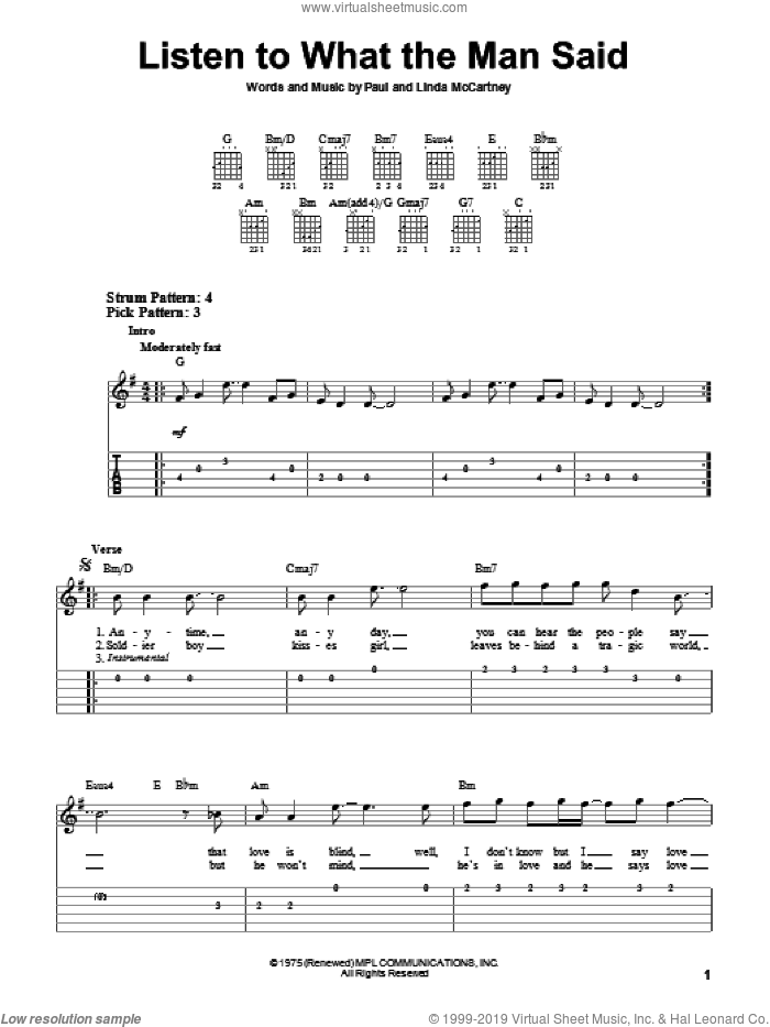 Listen To What The Man Said sheet music for guitar solo (easy tablature)