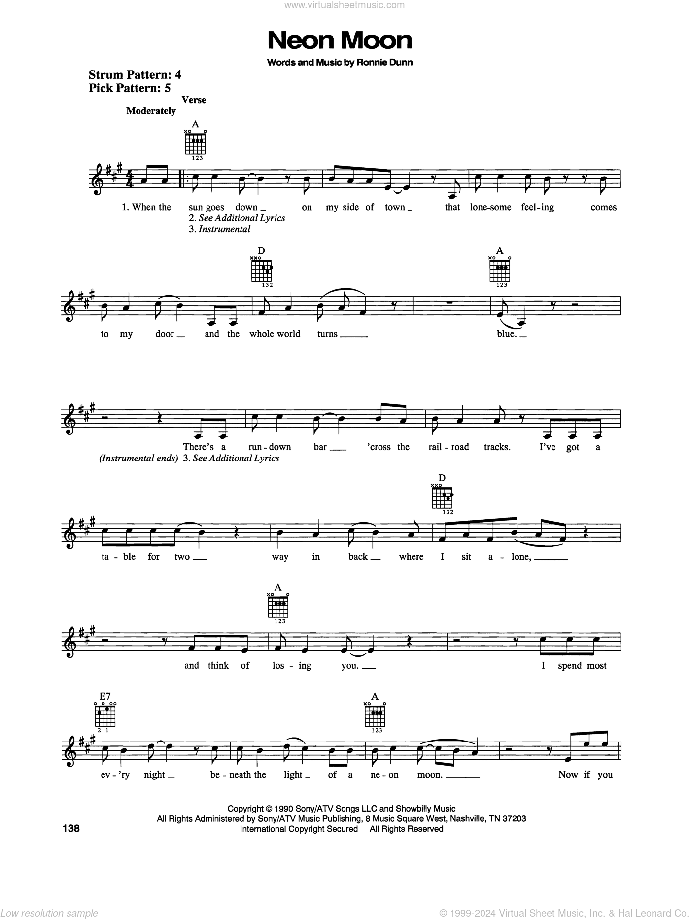 Neon Moon sheet music for guitar solo (chords) (PDF)