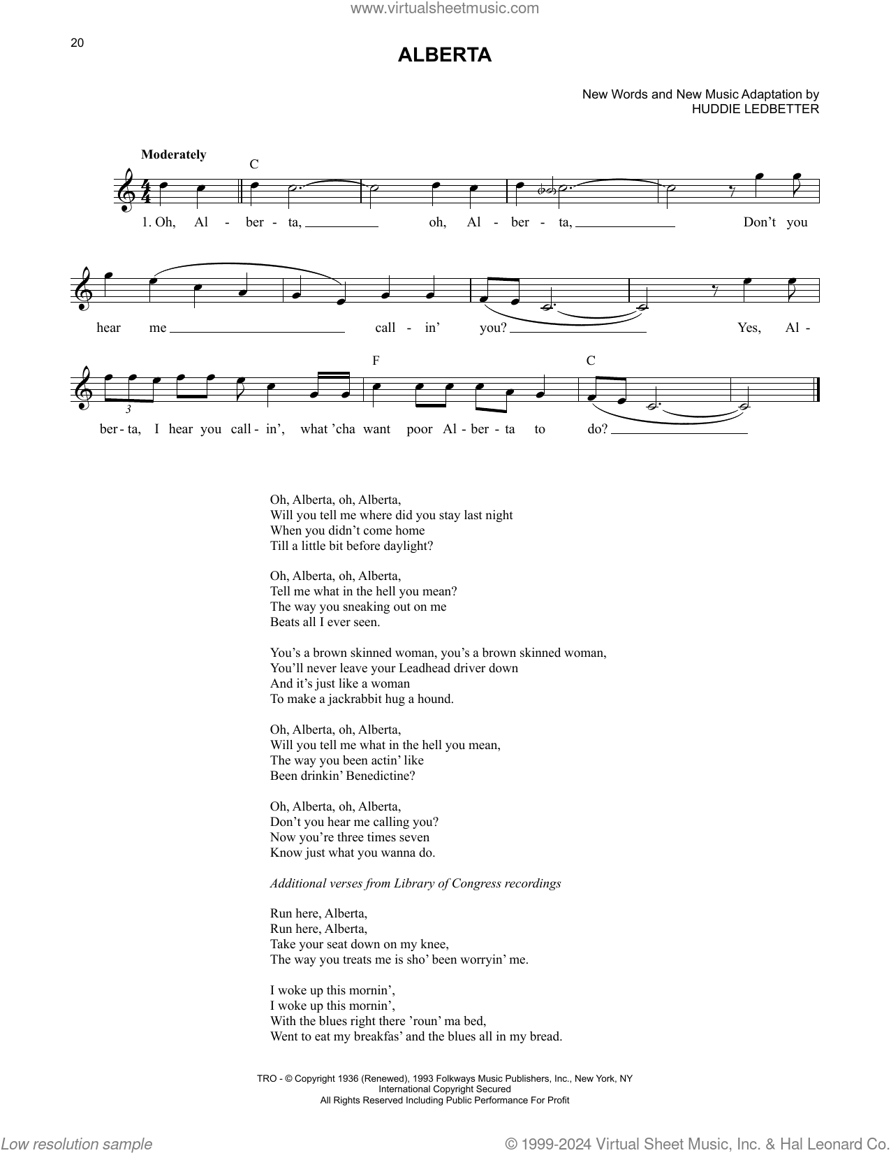 Alberta sheet music for voice and other instruments (fake book)
