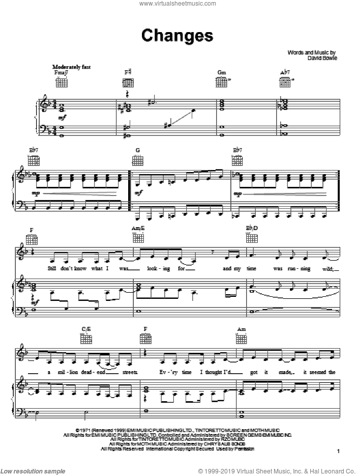 David Bowie: Changes sheet music for voice, piano or guitar (PDF)