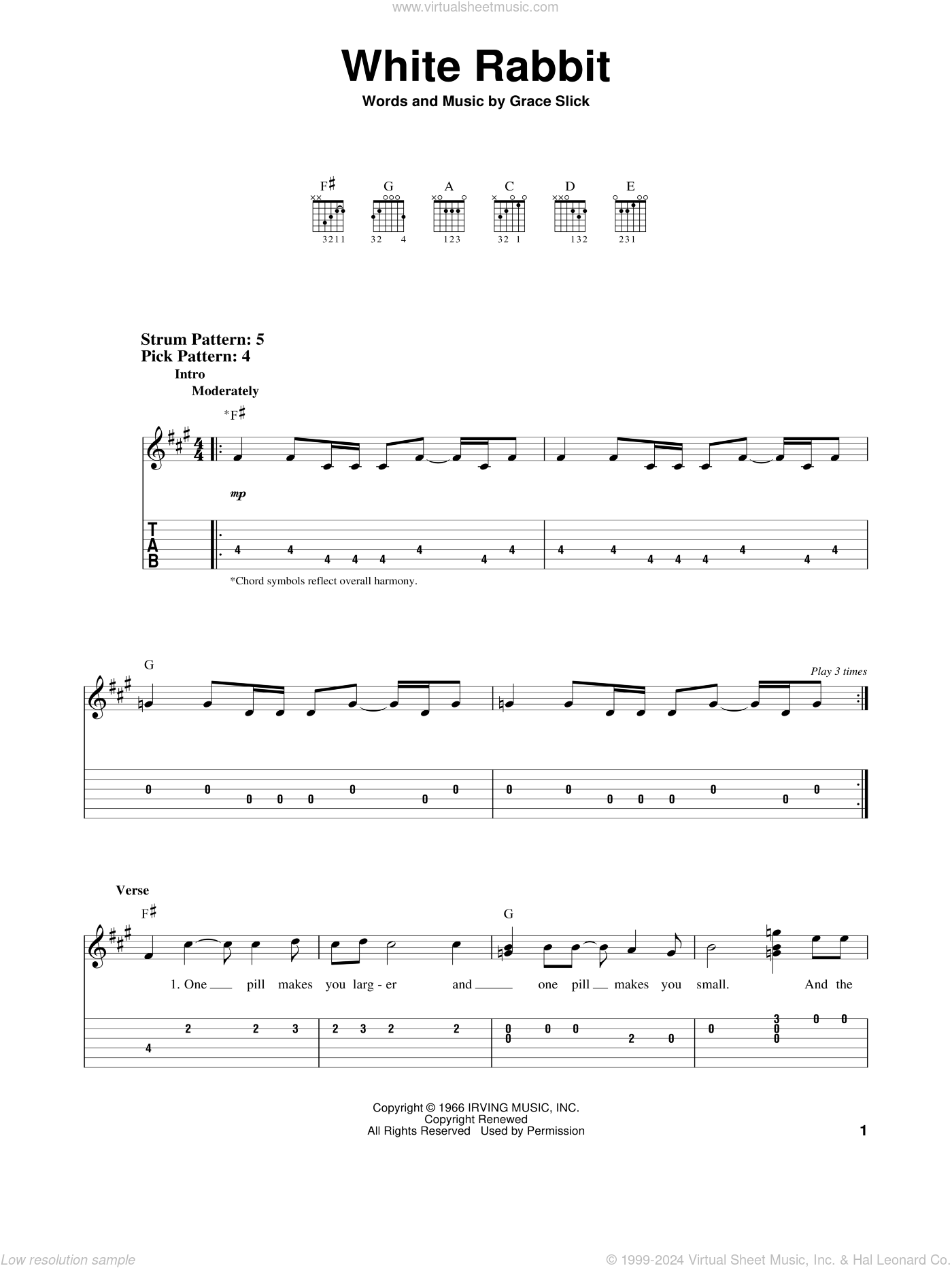 White Rabbit sheet music for guitar solo (easy tablature) (PDF)