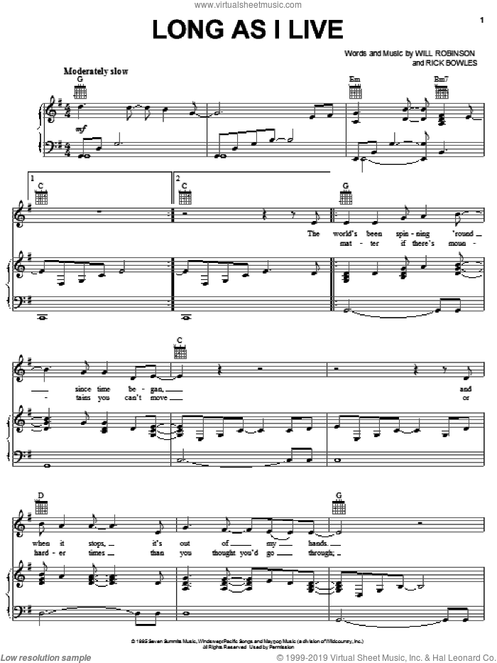 Long As I Live sheet music for voice, piano or guitar (PDF)