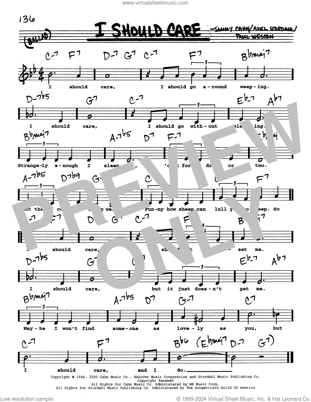I Should Care (Low Voice) sheet music (real book with lyrics)
