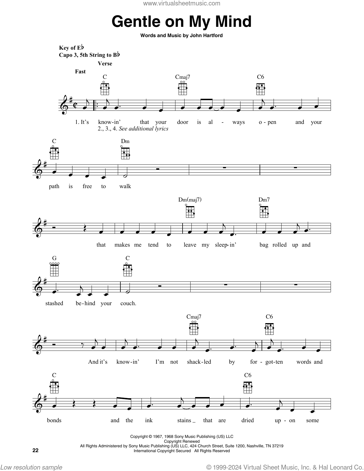 Gentle On My Mind (arr. Fred Sokolow) sheet music for banjo solo ...