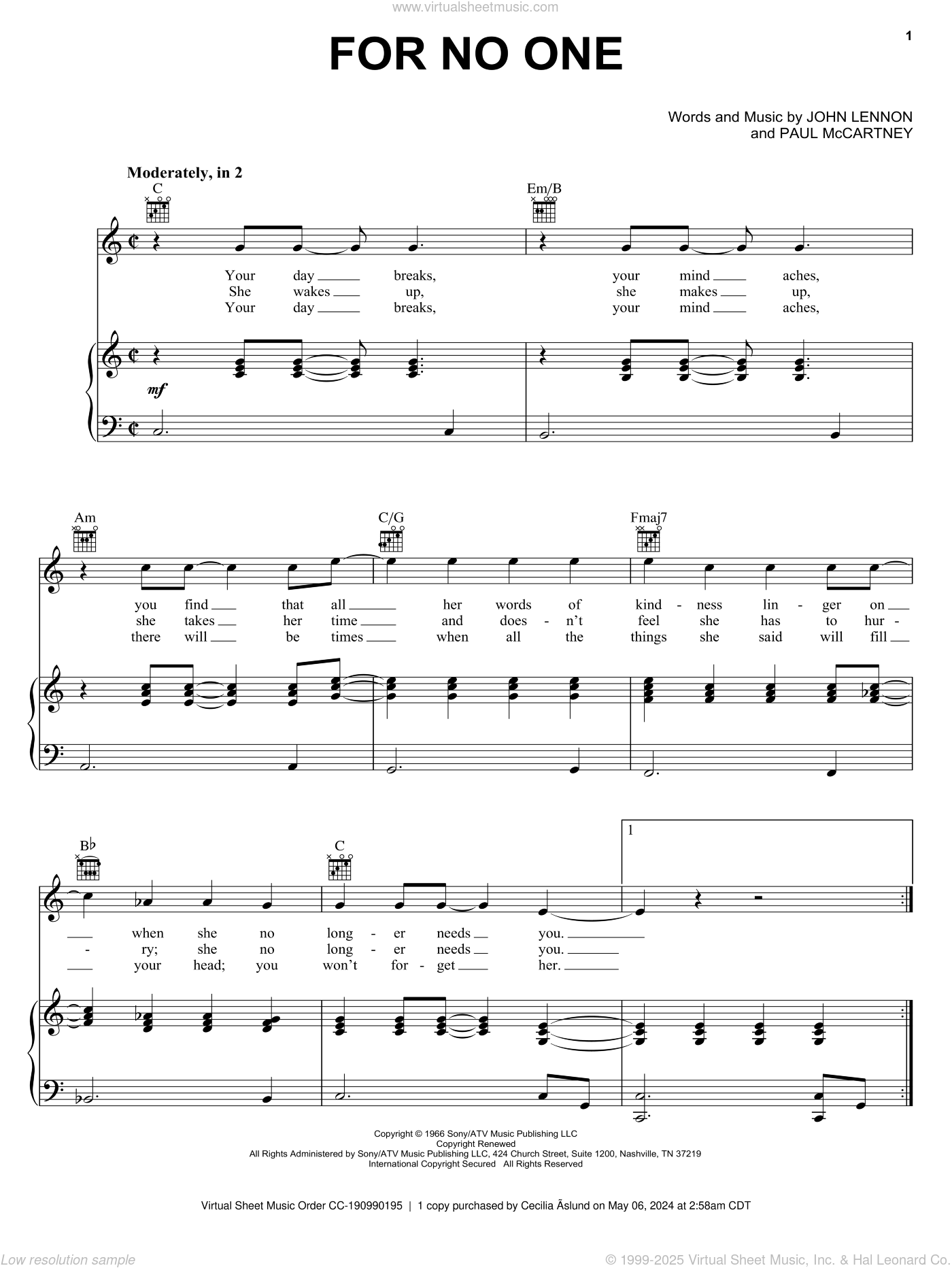 For No One sheet music for voice, piano or guitar (PDF)