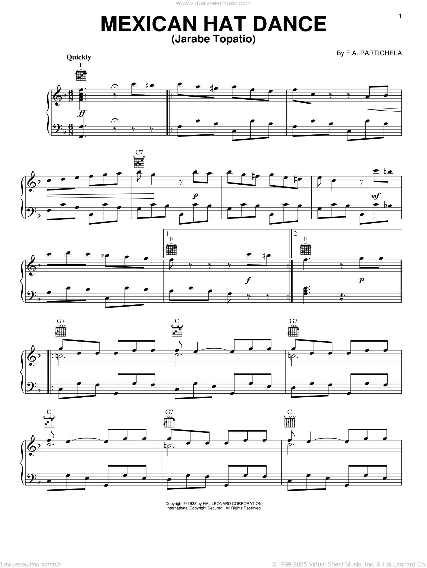 Mexican Hat Dance (Jarabe Topatio) sheet music for voice, piano or guitar
