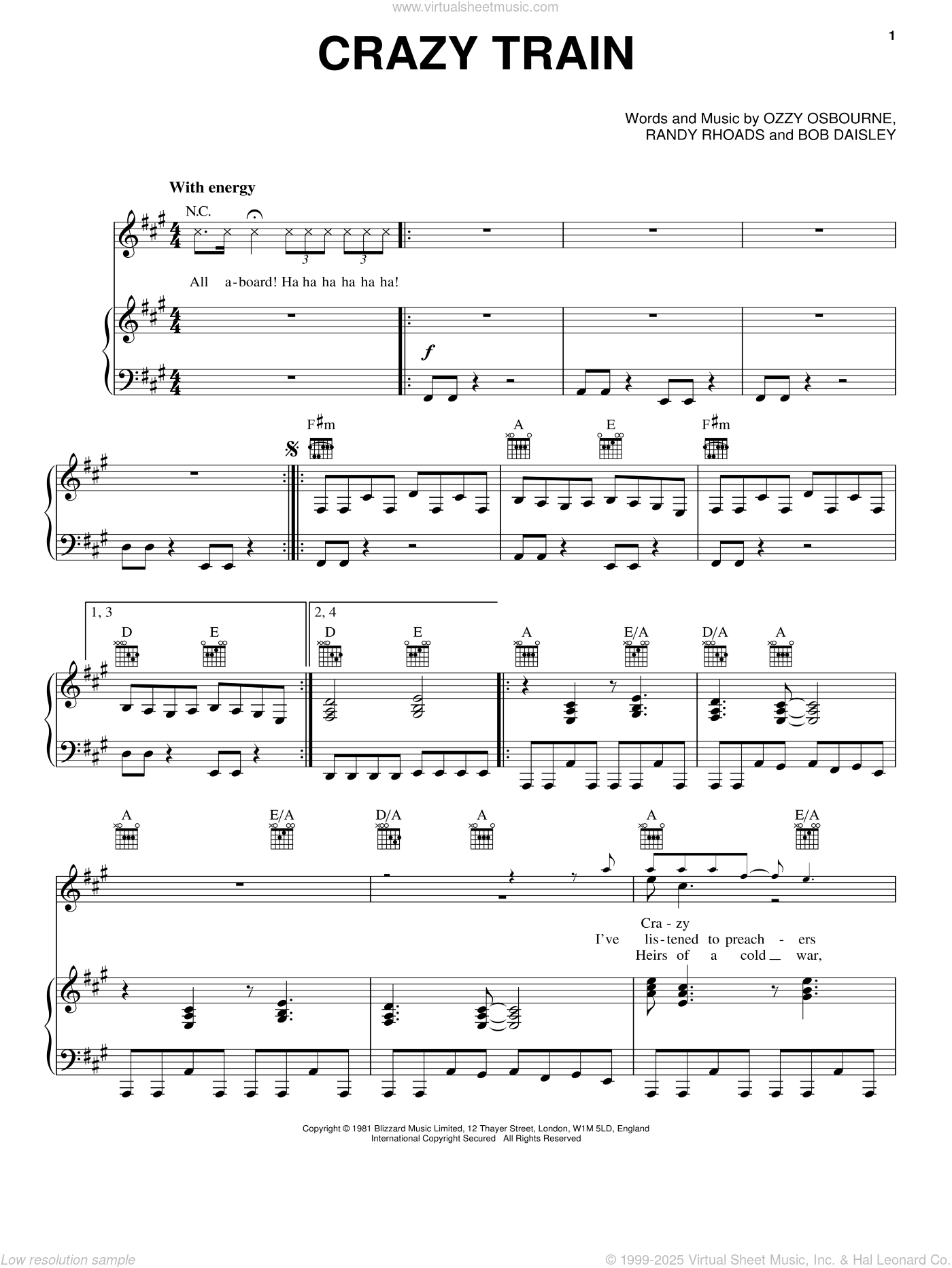 Crazy Train sheet music for voice, piano or guitar (PDF)