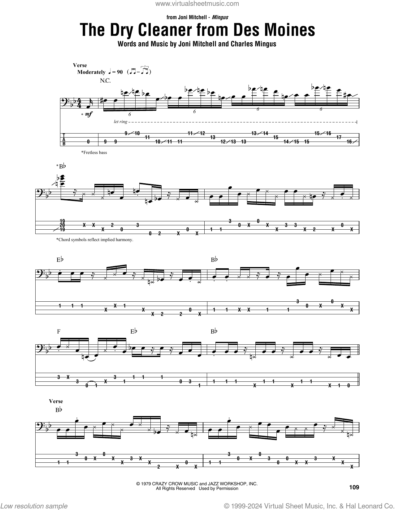 Joni Mitchell: The Dry Cleaner From Des Moines sheet music for bass ...