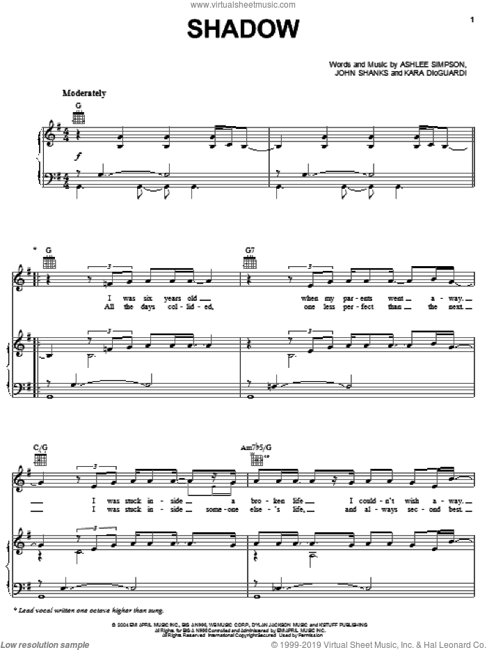 Ashlee Simpson: Shadow sheet music for voice, piano or guitar