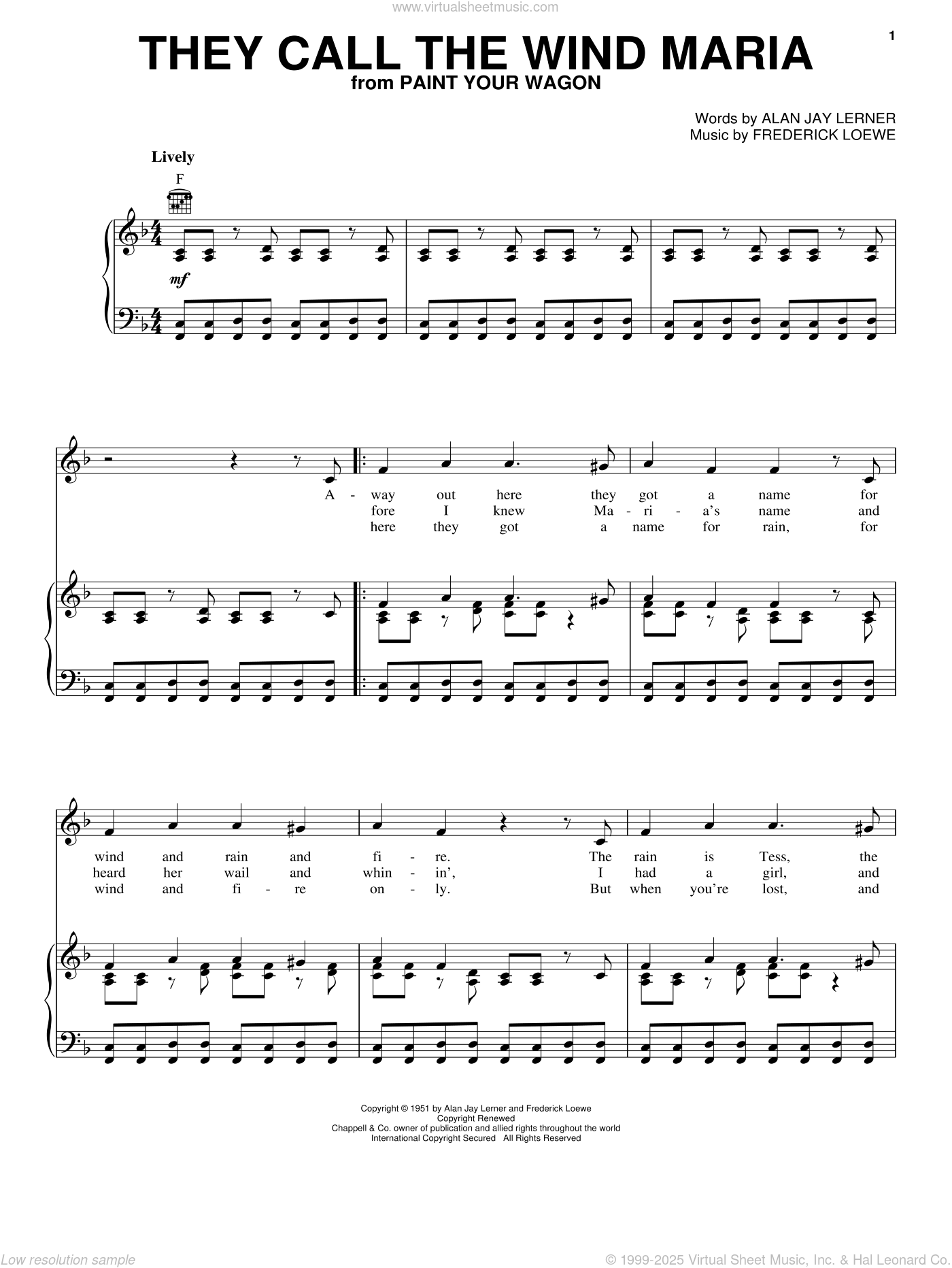 They Call The Wind Maria sheet music for voice, piano or guitar