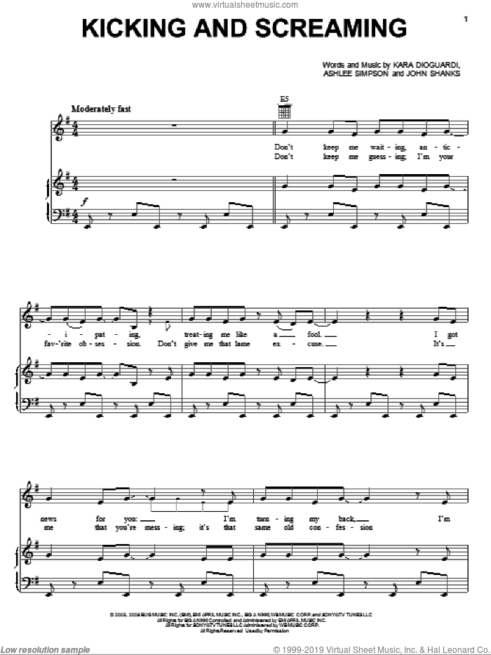 Kicking And Screaming sheet music for voice, piano or guitar