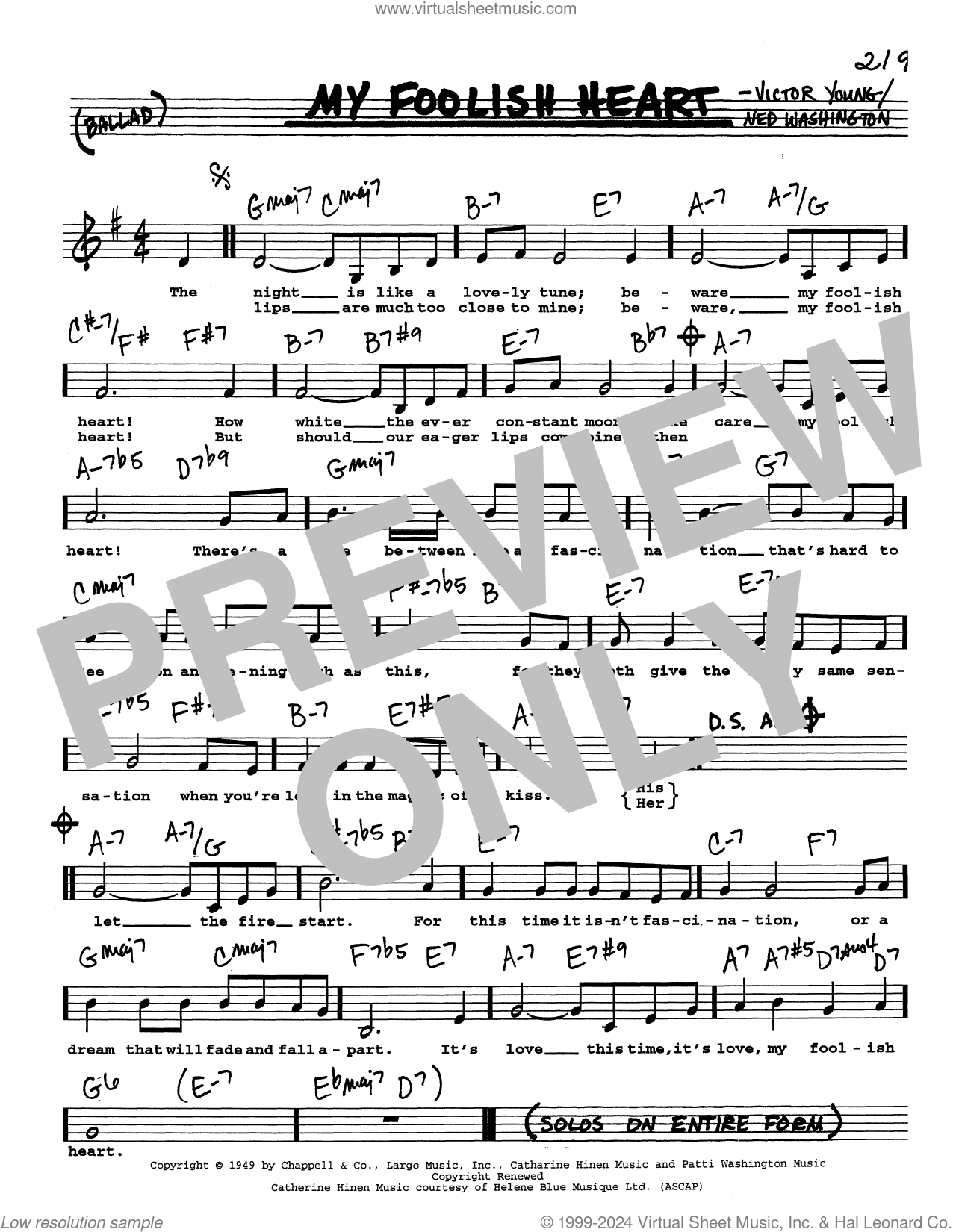 My Foolish Heart (Low Voice) sheet music (real book with lyrics)