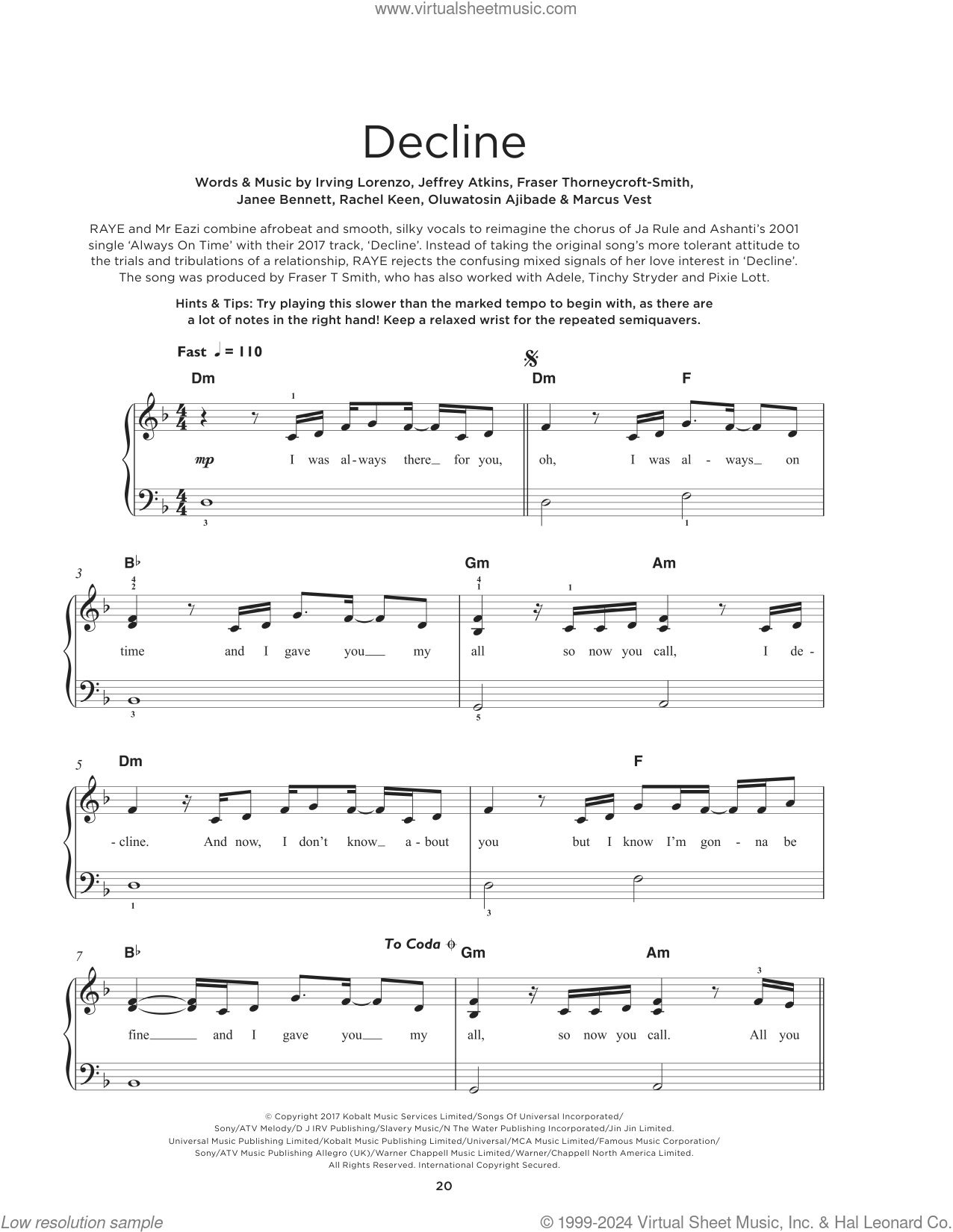 Decline sheet music for piano solo (PDF)