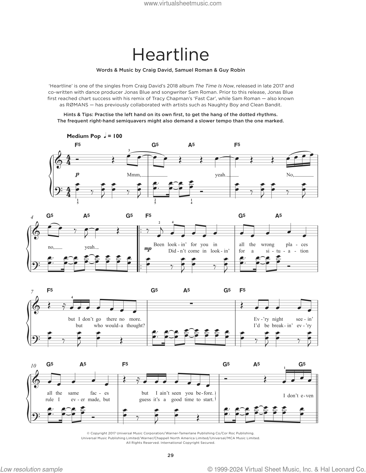 Heartline sheet music for piano solo (PDF)