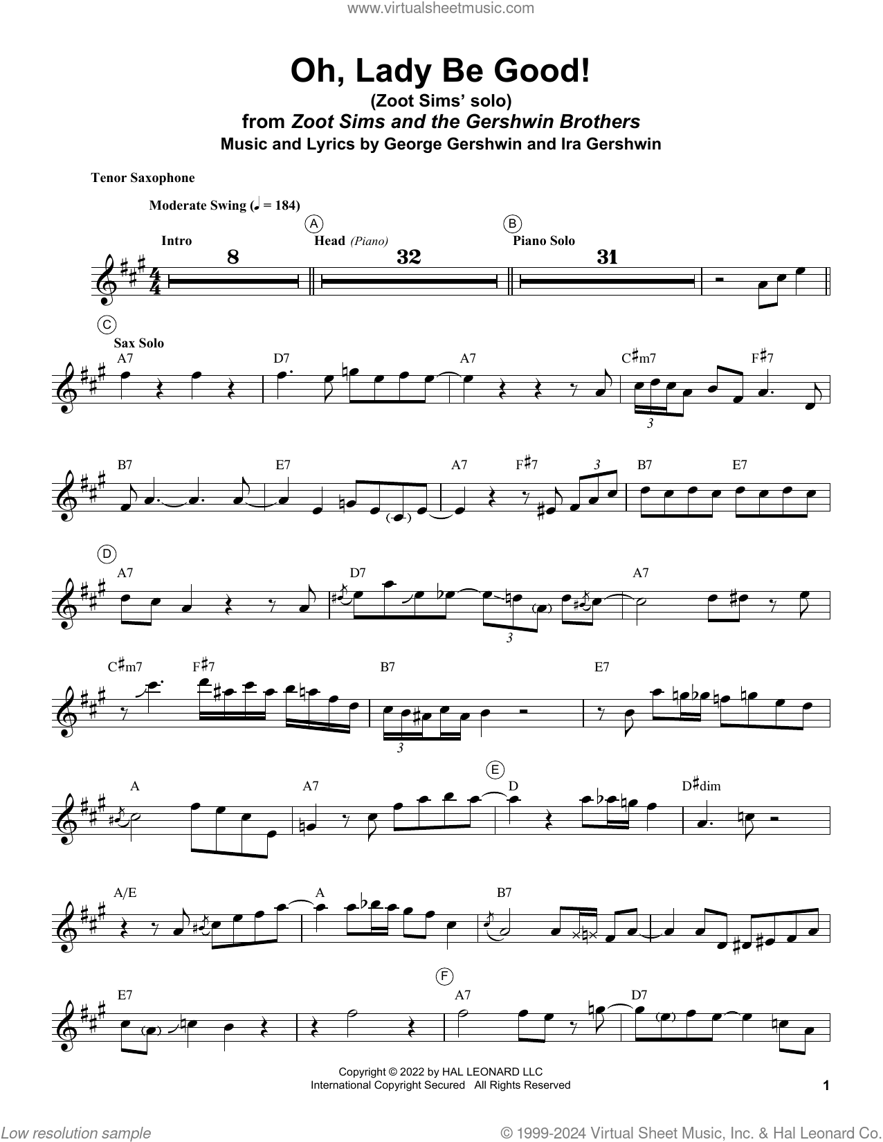 Oh, Lady Be Good! sheet music for tenor saxophone solo (transcription)