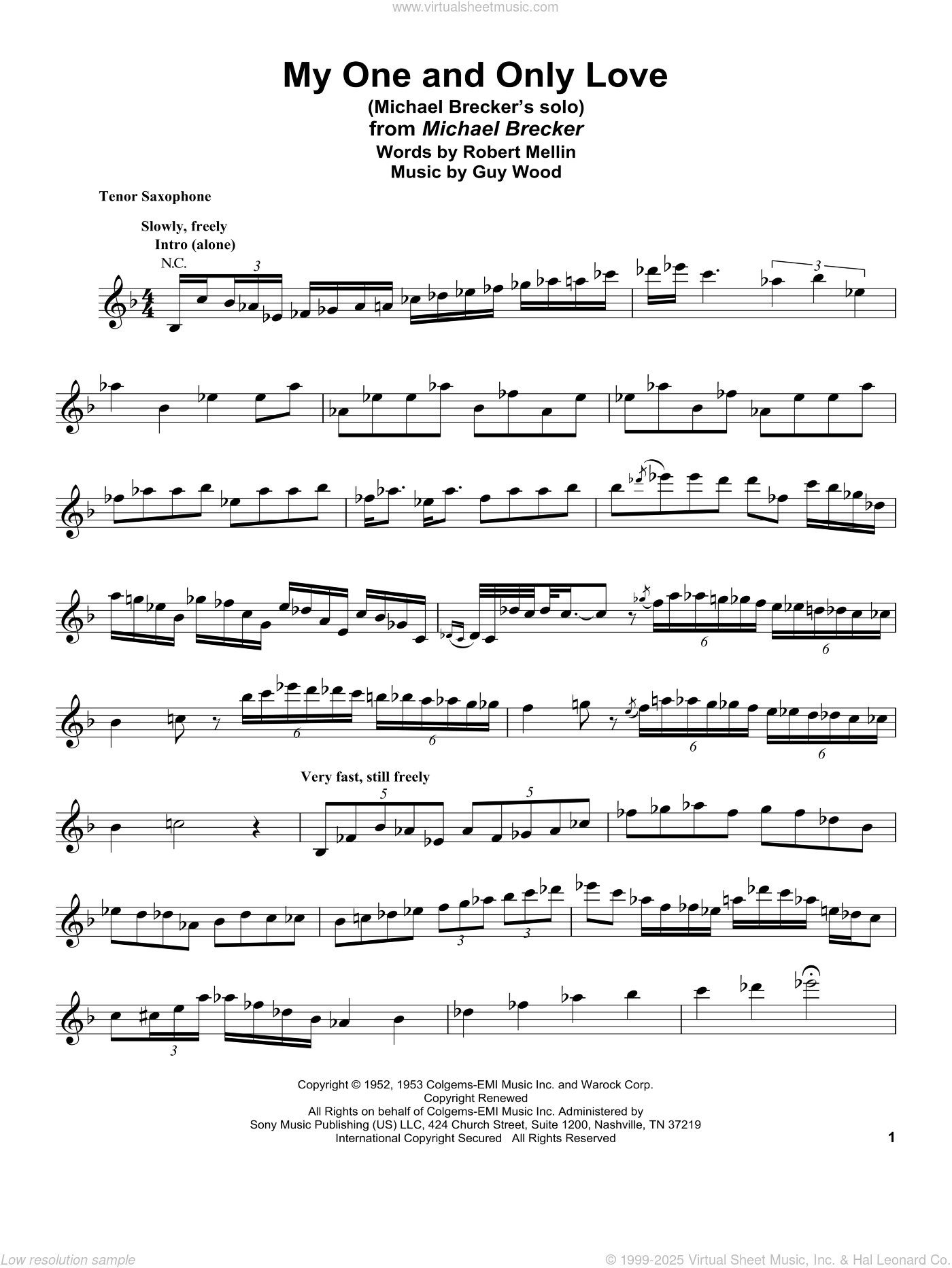 My One And Only Love sheet music for tenor saxophone solo (transcription)