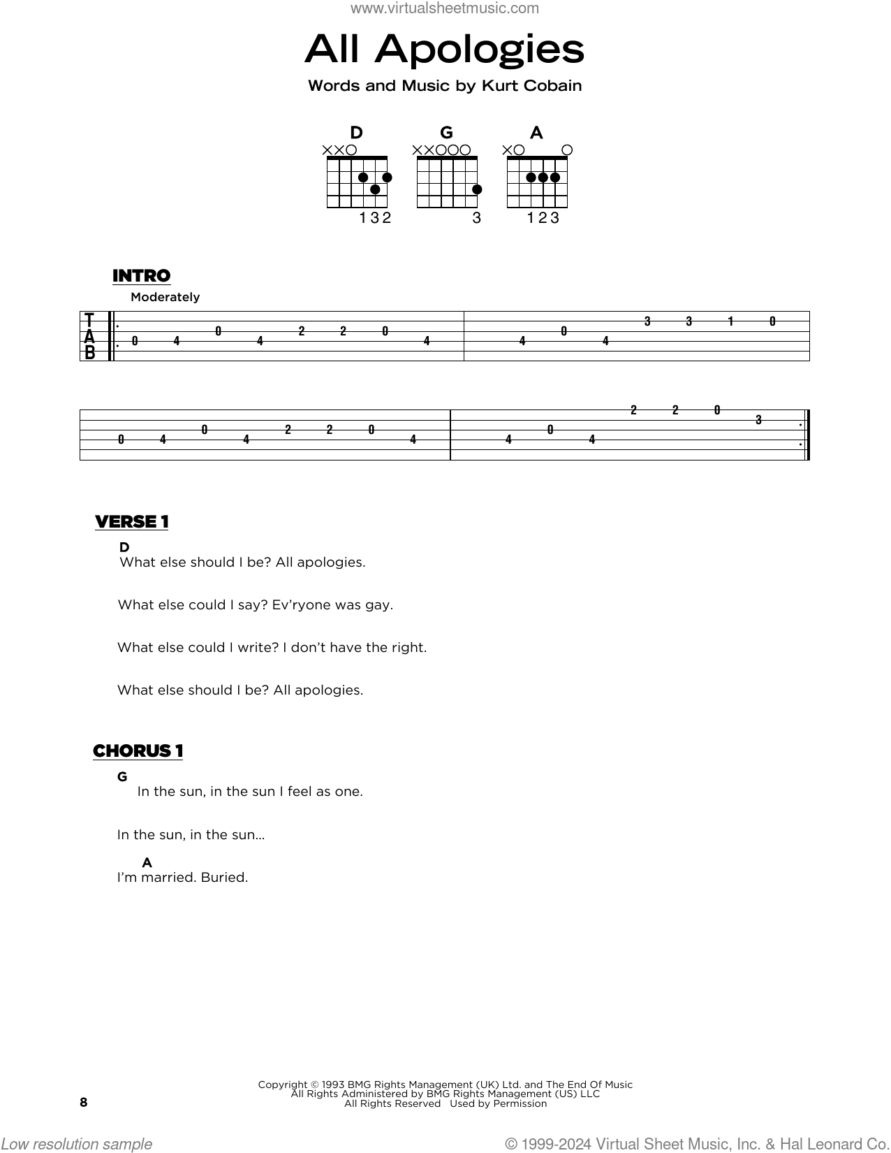 All Apologies sheet music (beginner) for guitar solo (PDF)