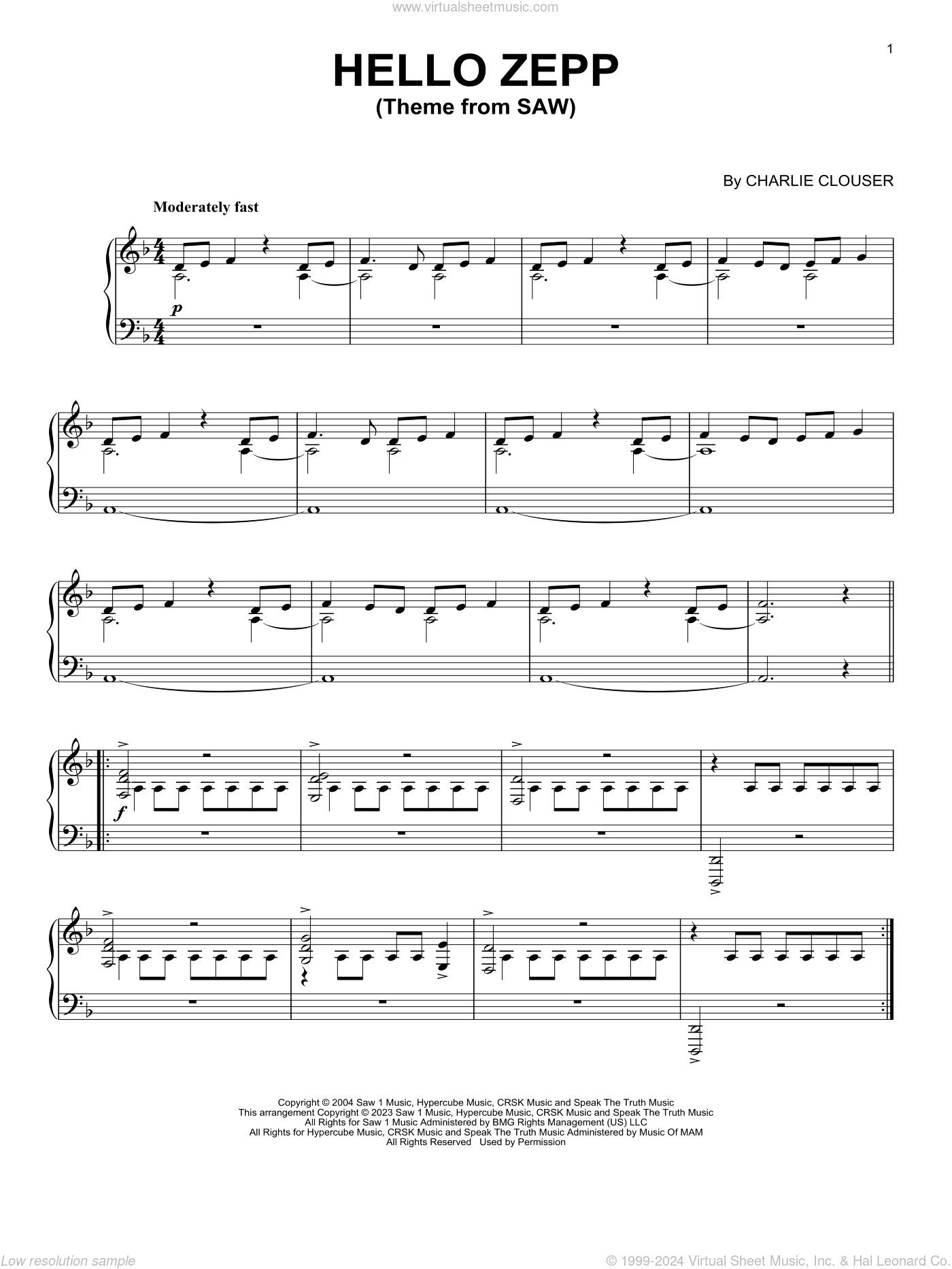 Hello Zepp (Theme From Saw) sheet music for piano solo (PDF)