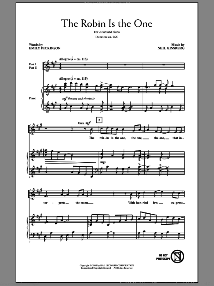 The Robin Is The One sheet music for choir (2-Part) (PDF)