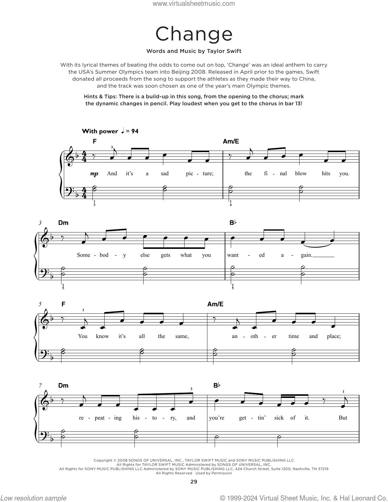 Change, (beginner) sheet music for piano solo (PDF)