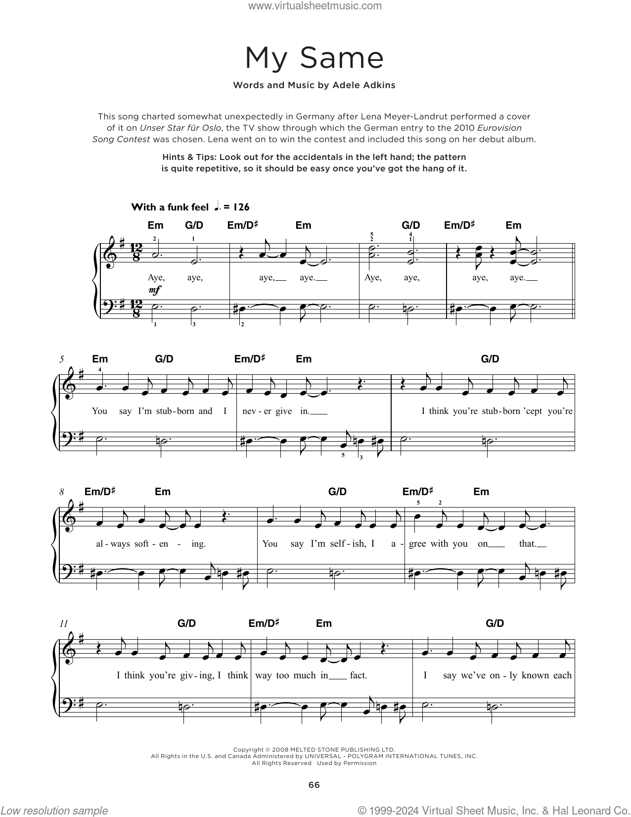 My Same, (beginner) sheet music for piano solo (PDF)