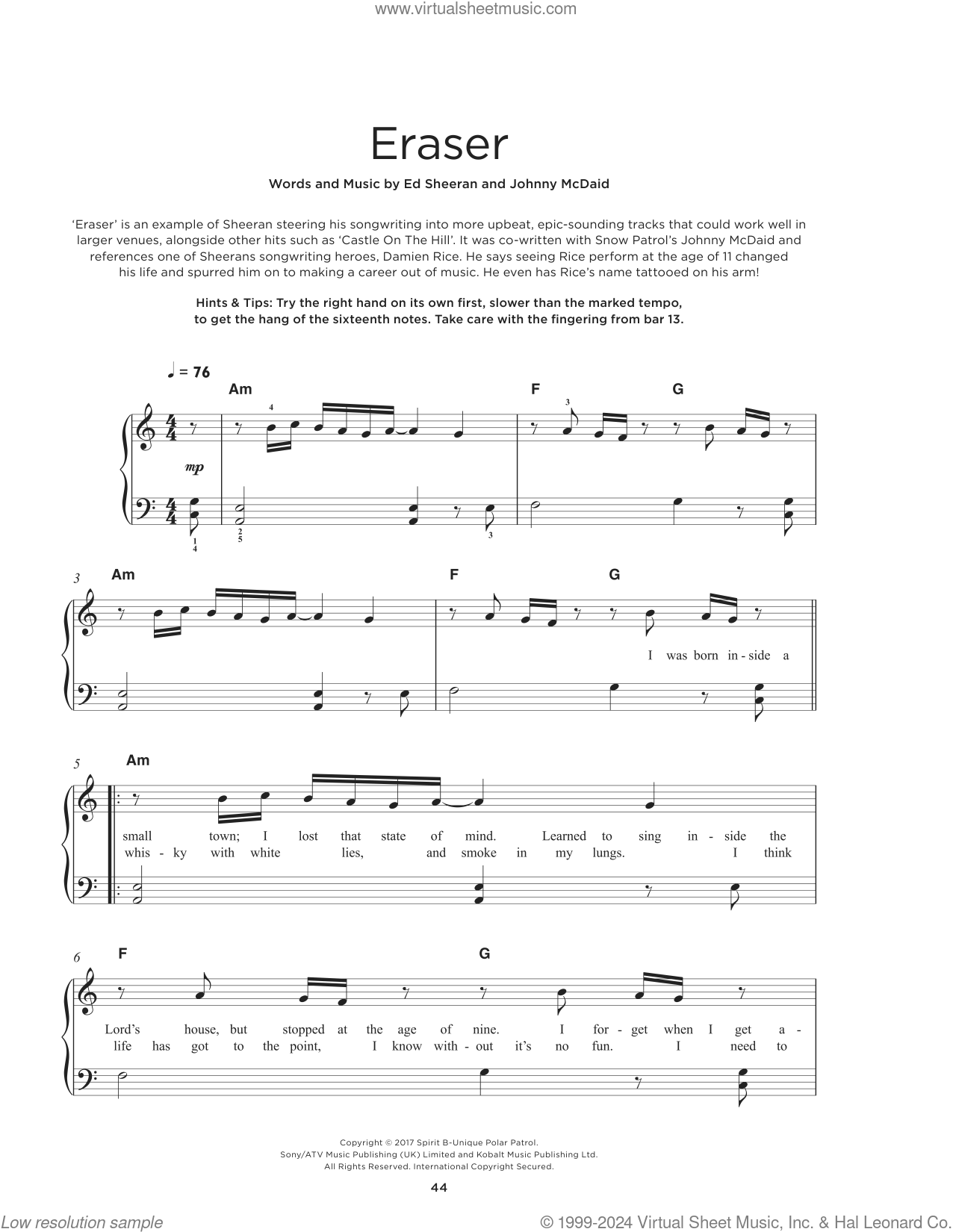 Eraser sheet music for piano solo (PDF)