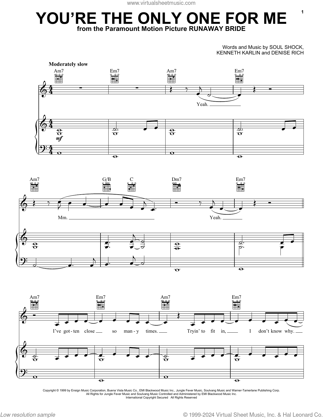 You're The Only One For Me sheet music for voice, piano or guitar