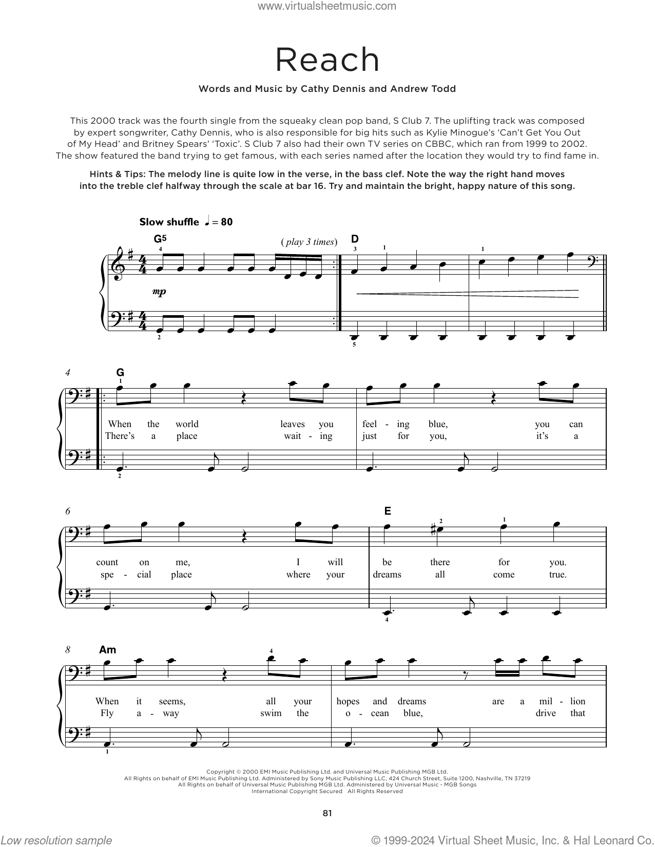 S Club 7: Reach sheet music for piano solo (PDF)