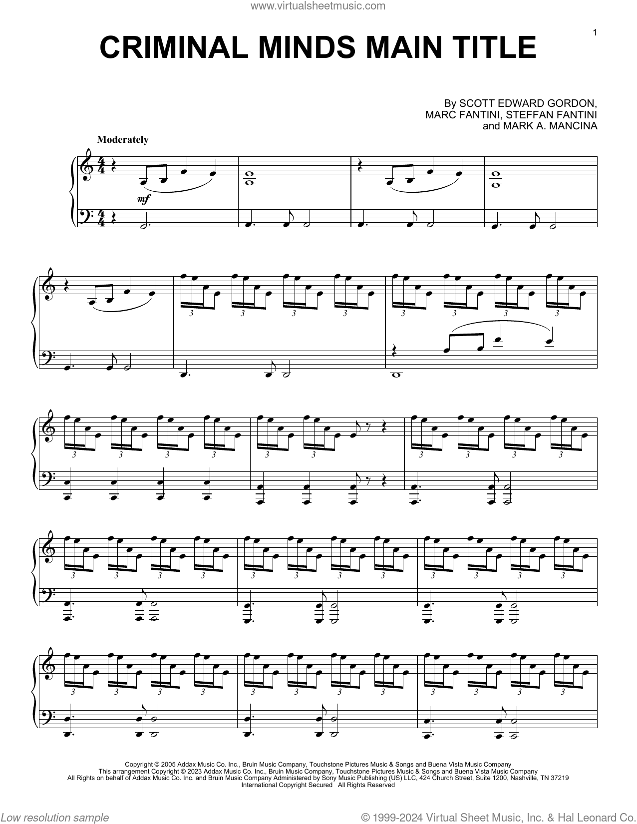 Criminal Minds Main Title sheet music for piano solo (PDF)