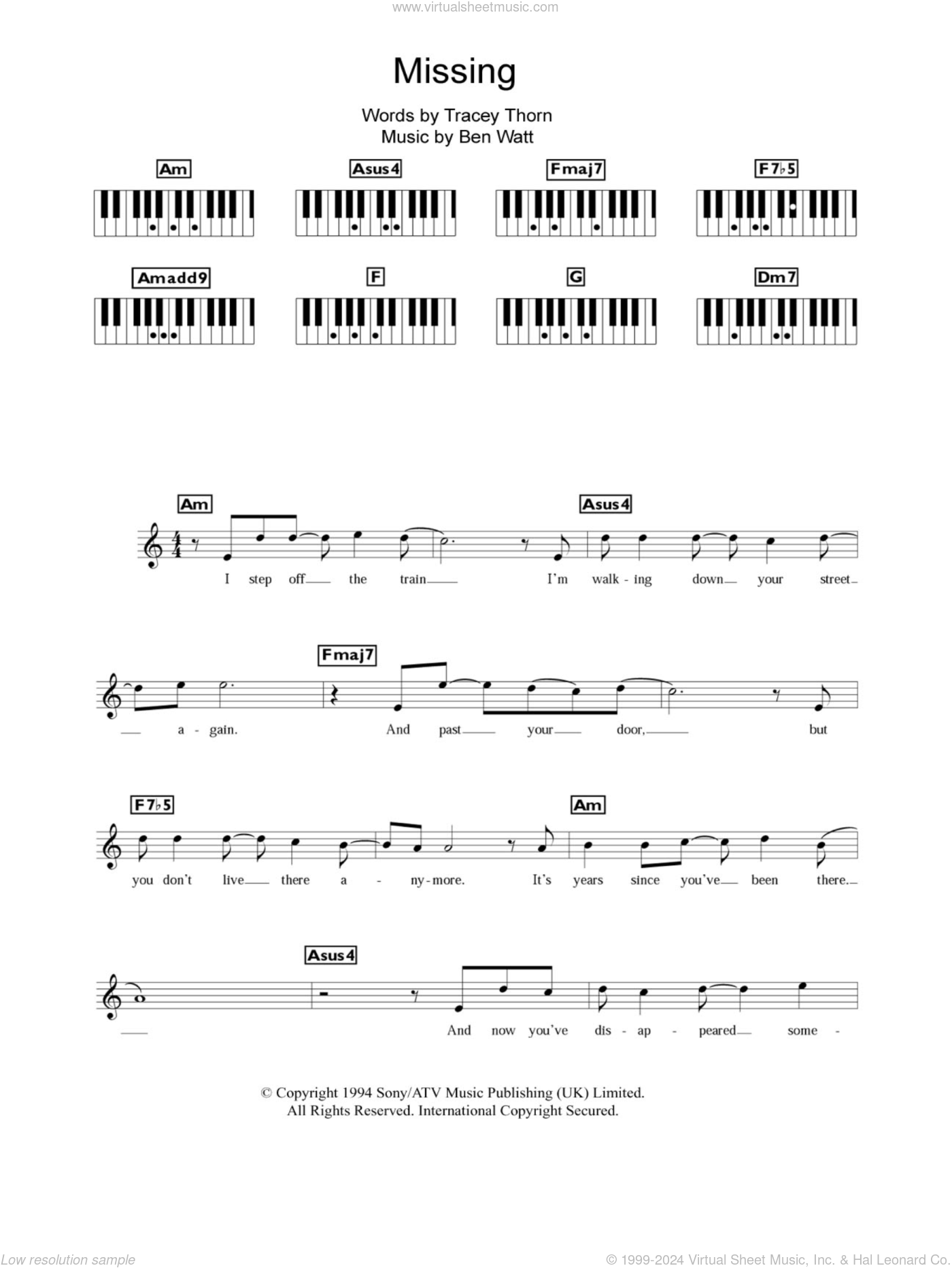 Missing sheet music (intermediate) for piano solo (chords, lyrics, melody)