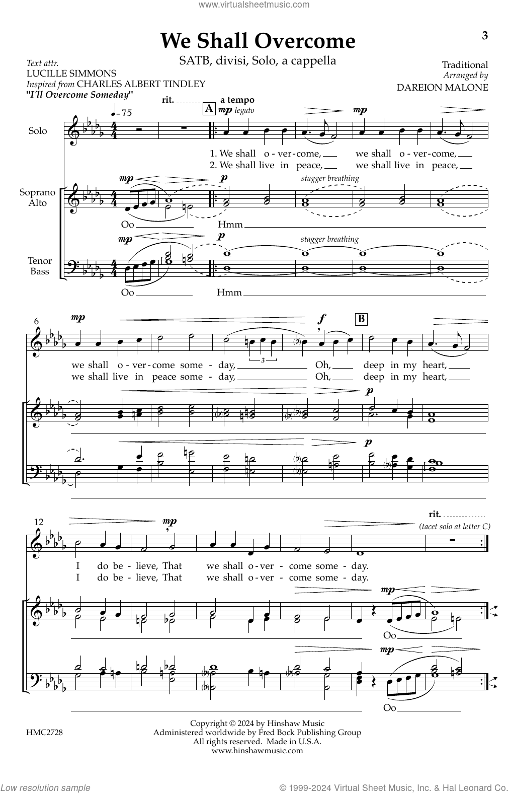 Dareion Malone: We Shall Overcome sheet music for choir (SATB: soprano ...