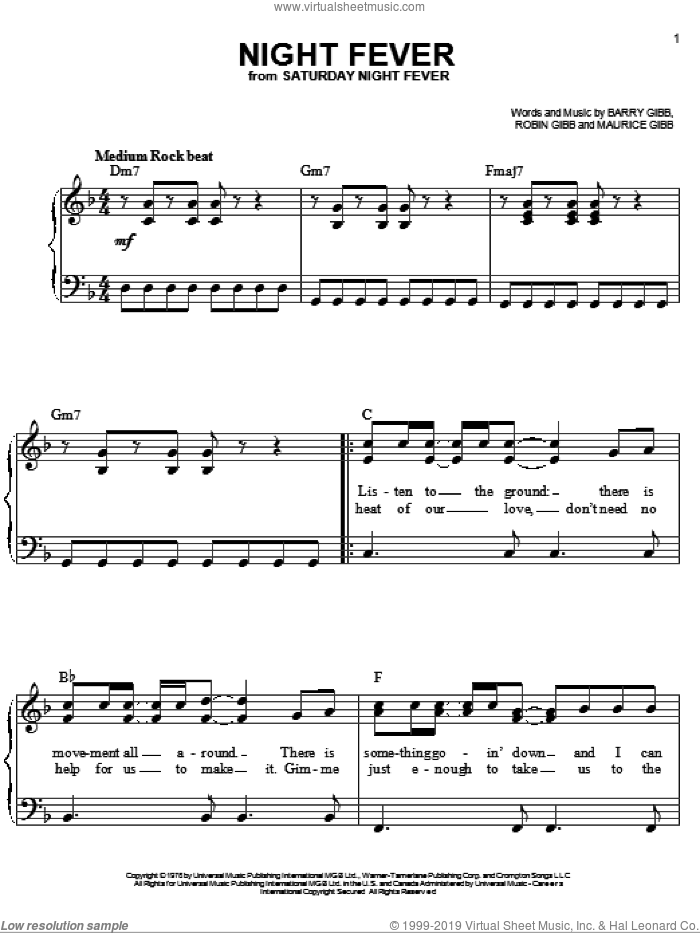 Night Fever, (easy) sheet music for piano solo (PDF-interactive)