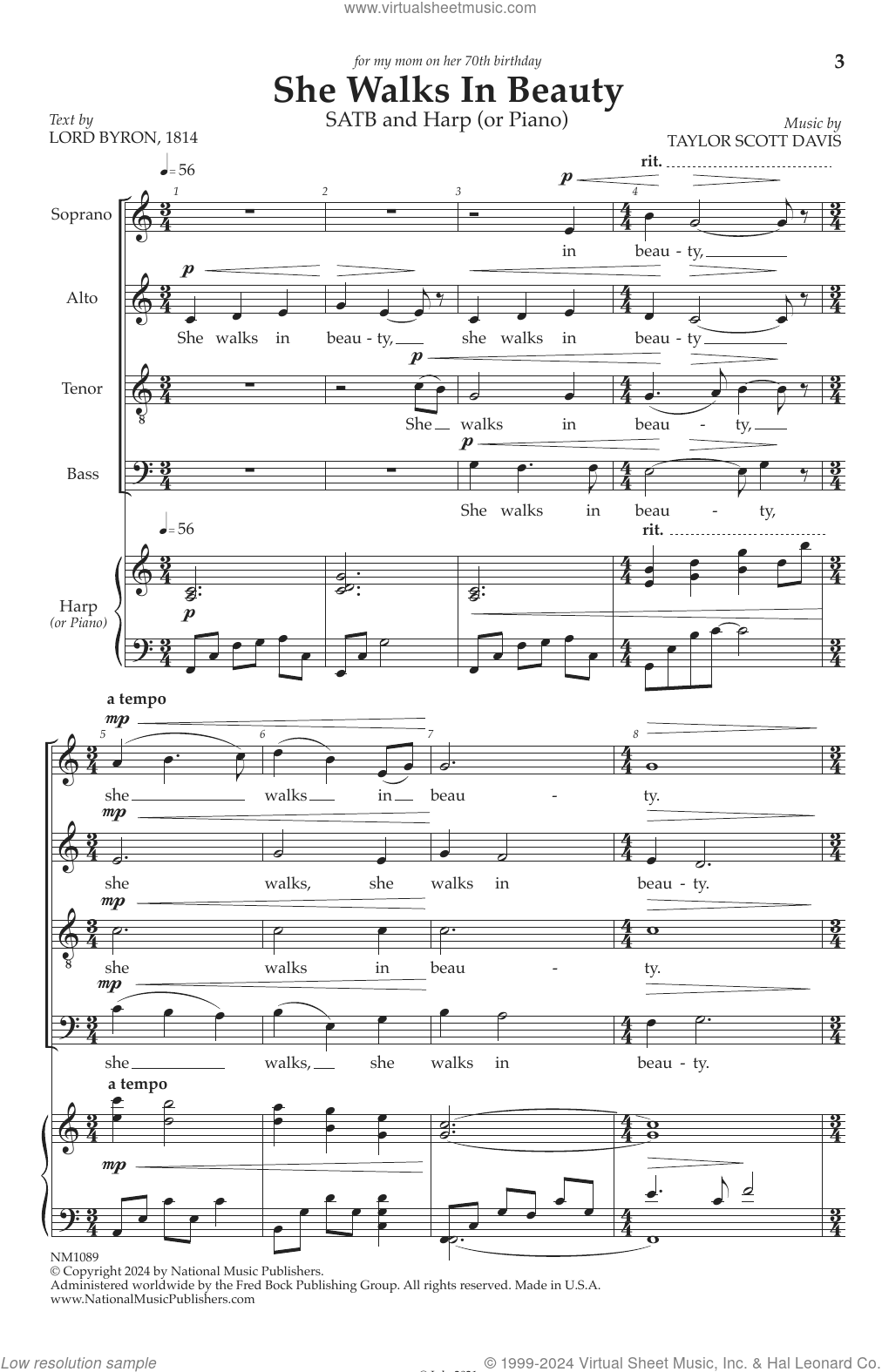 Taylor Davis: She Walks in Beauty sheet music for choir (SATB: soprano ...