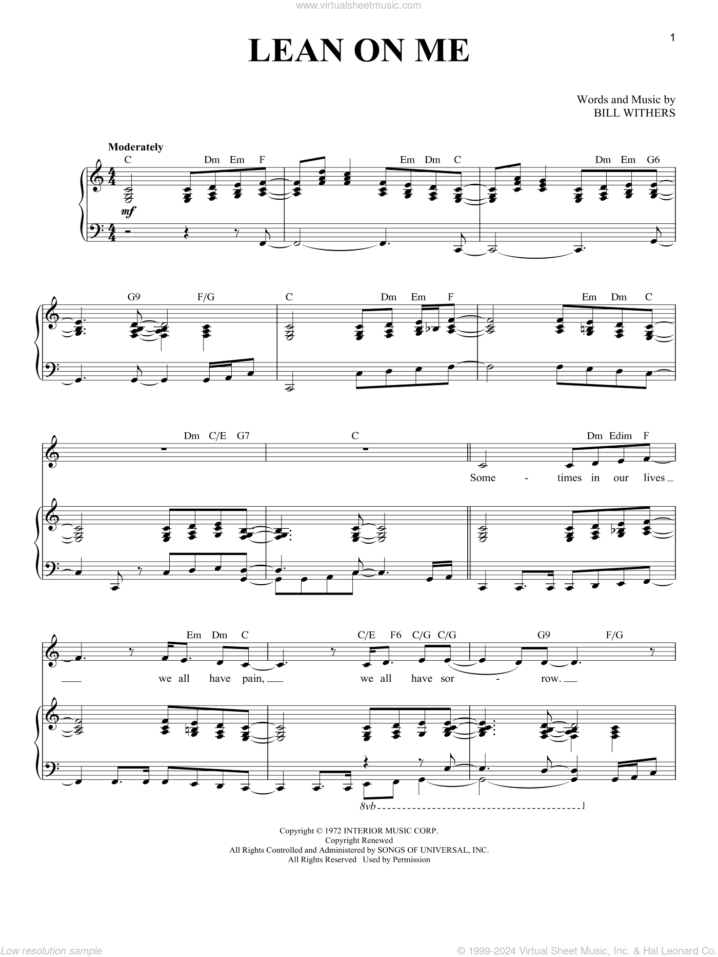 Lean On Me sheet music for voice and piano (PDF-interactive)