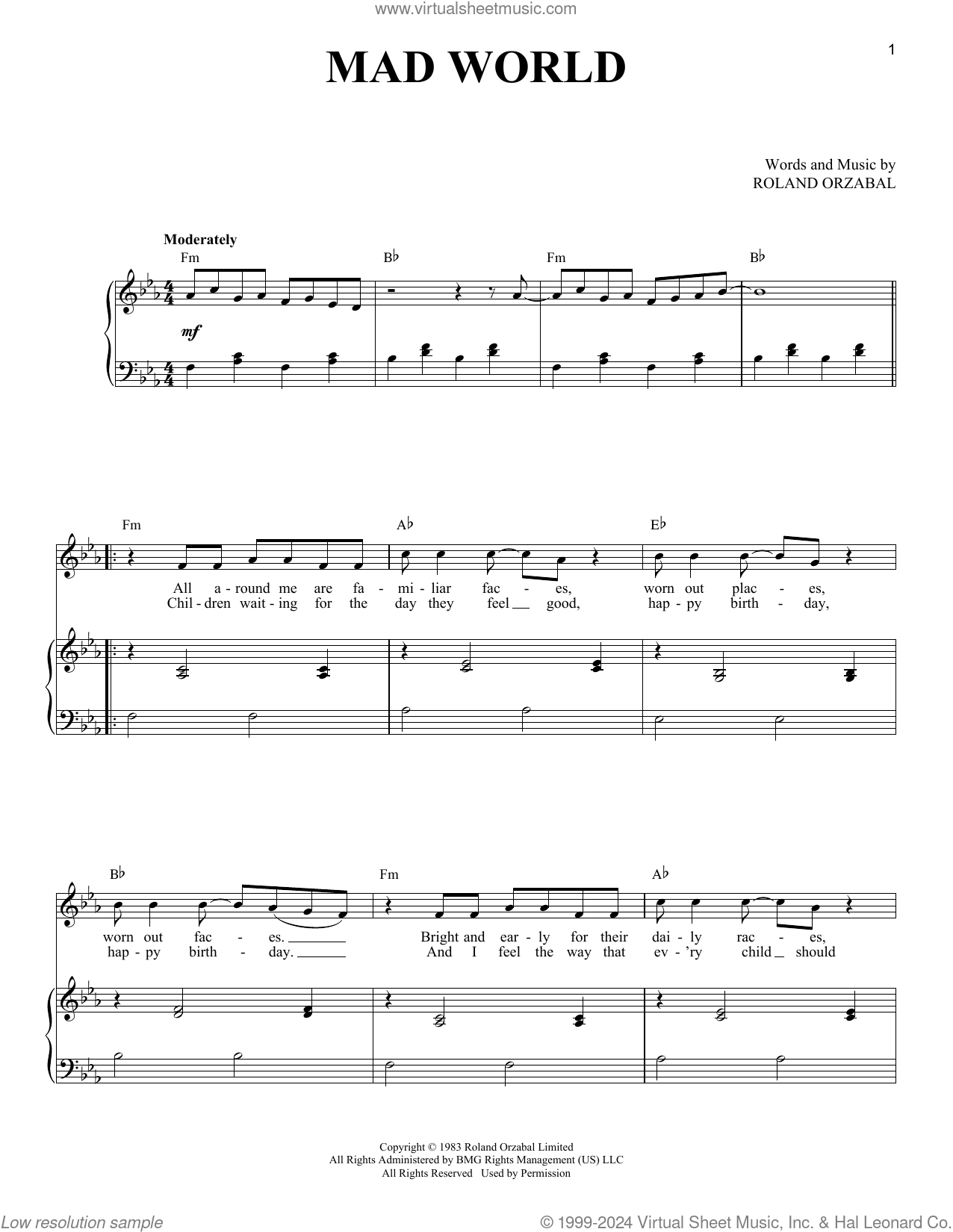 Mad World sheet music for voice and piano (PDF-interactive)