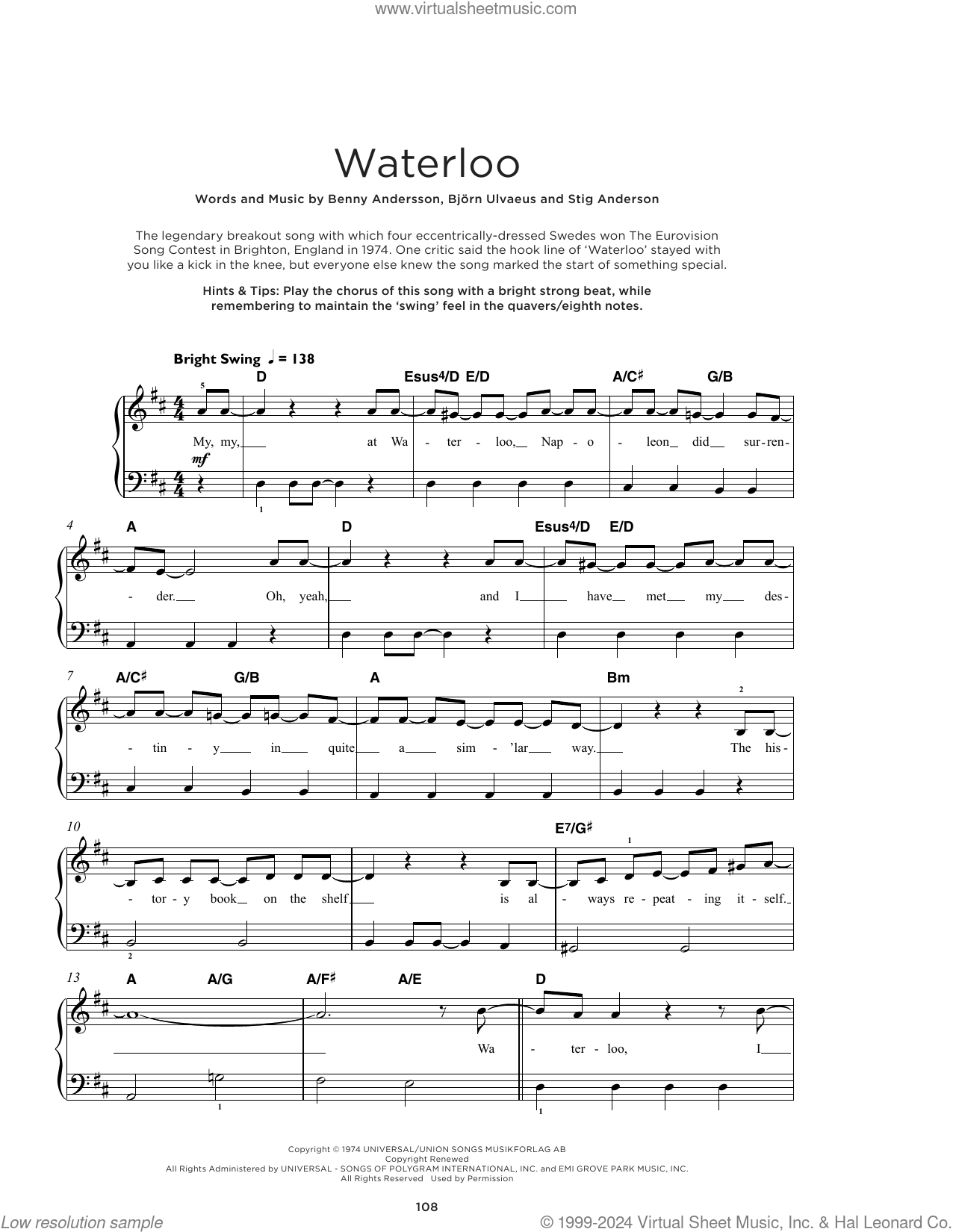 Waterloo, (beginner) sheet music for piano solo (PDF)
