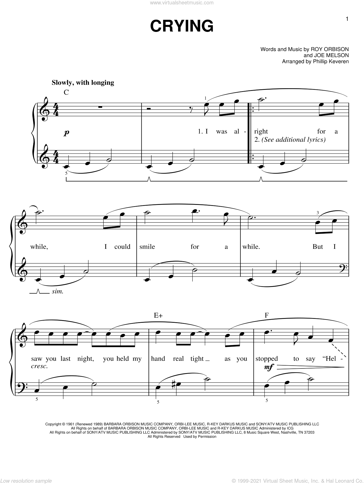 Orbison - Crying, (easy) sheet music for piano solo [PDF]