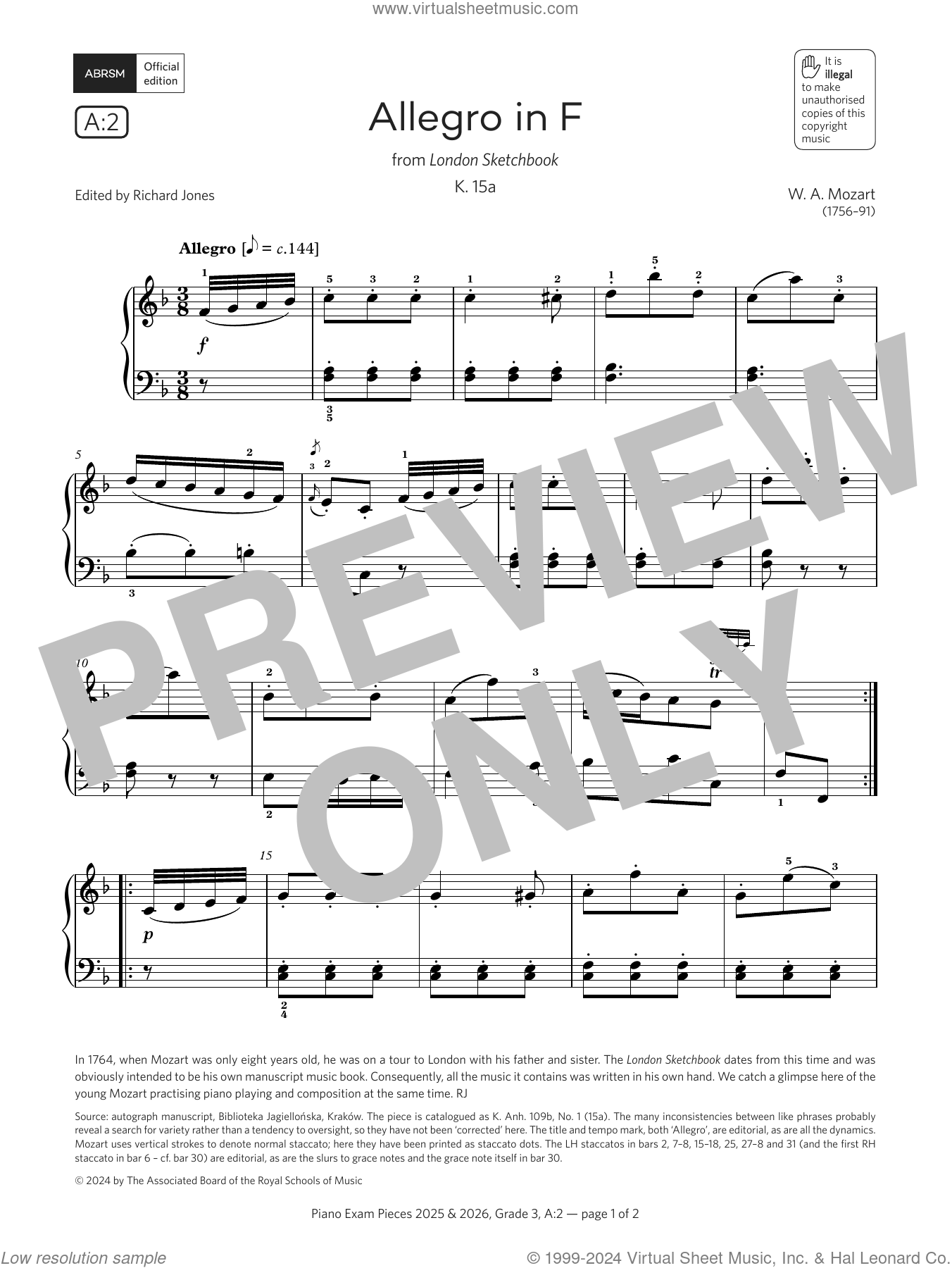 Allegro in F (Grade 3, list A2, from the ABRSM Piano Syllabus 2025 and 2026) sheet music for ...