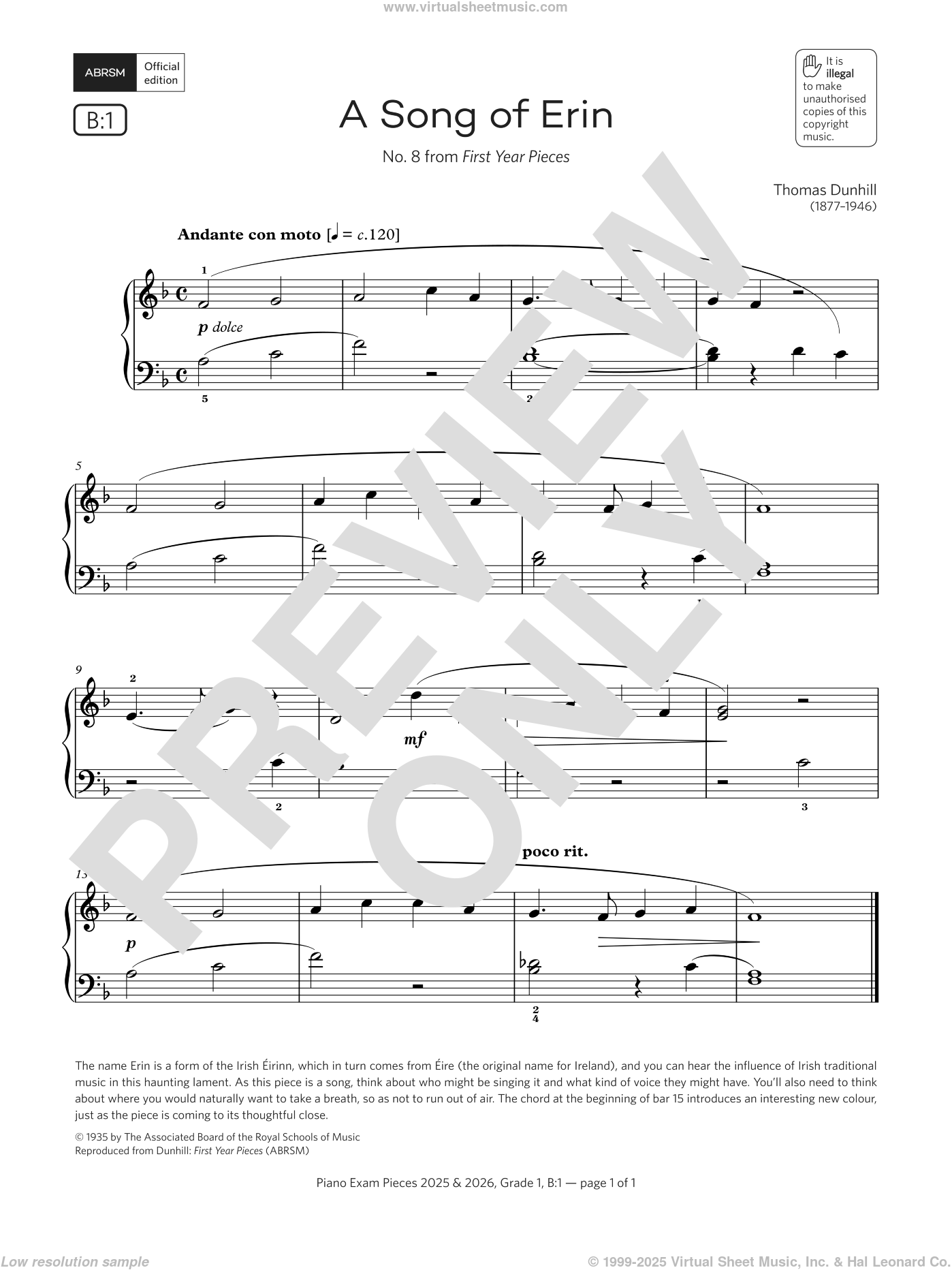 A Song of Erin (Grade 1, list B1, from the ABRSM Piano Syllabus 2025 and 2026) sheet music for ...