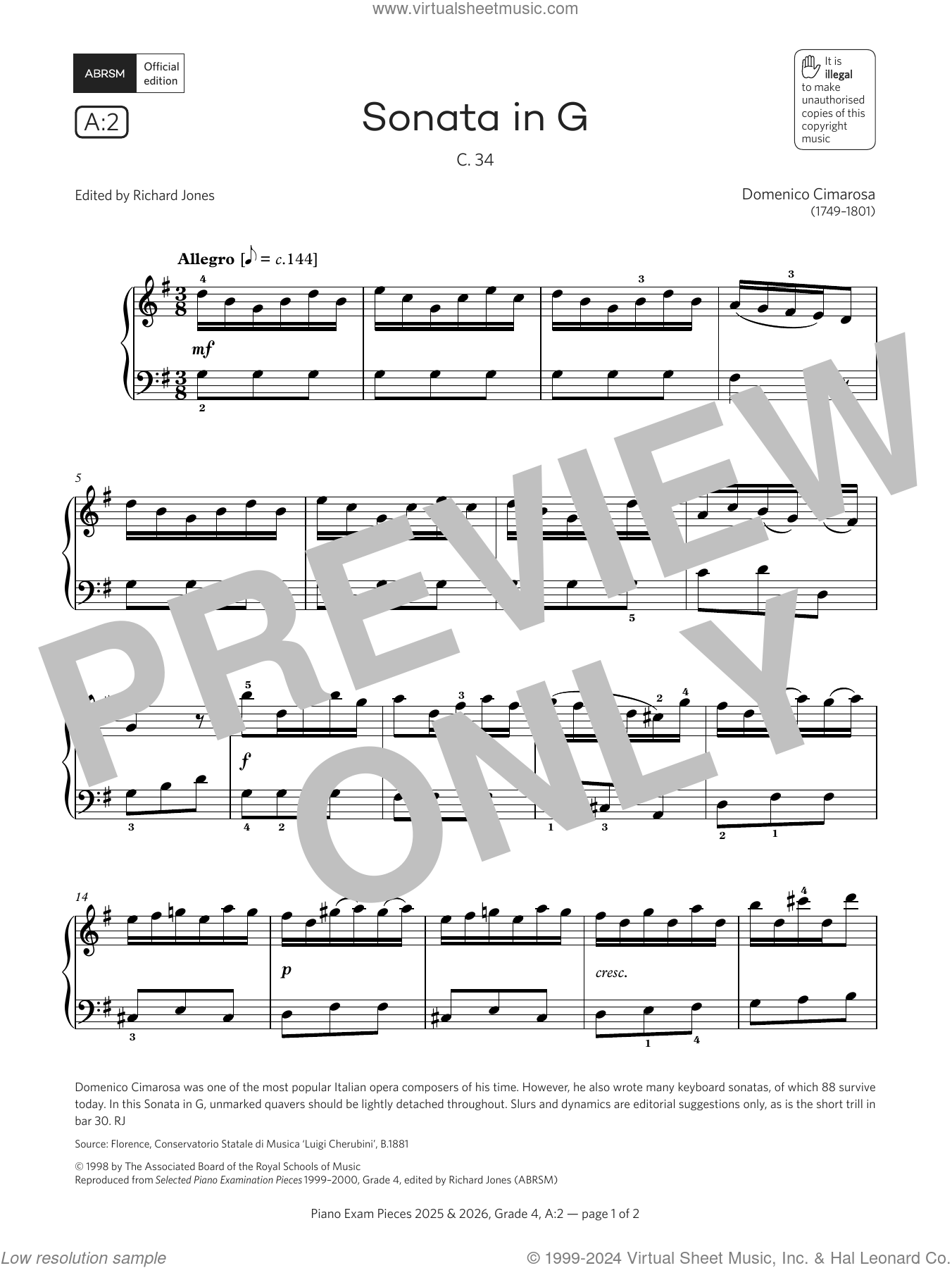 Cimarosa: Piano Sonata in G (Grade 4, list A2, from the ABRSM Piano Syllabus 2025 and 2026 ...