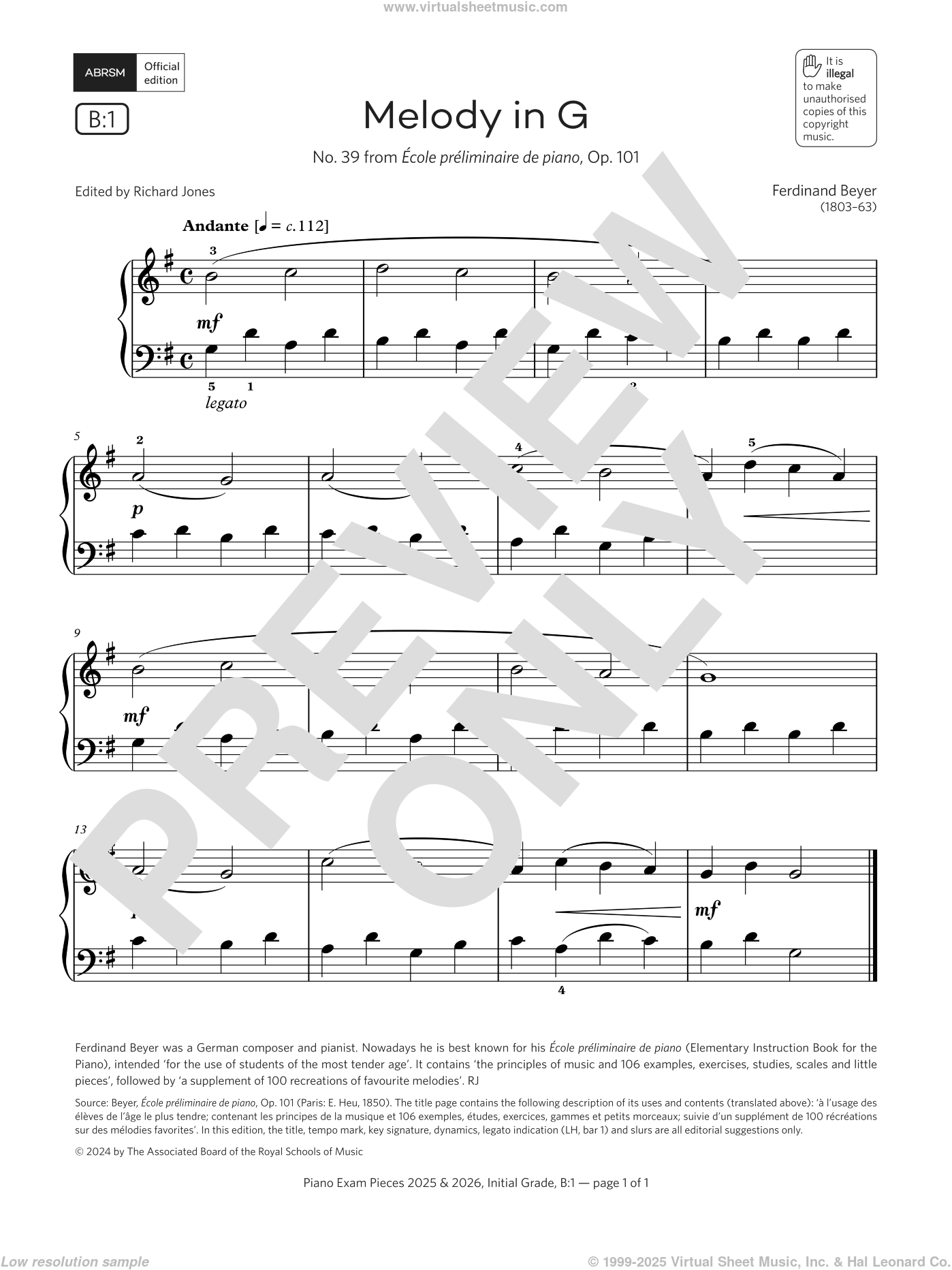 Melody in G (Grade Initial, list B1, from the ABRSM Piano Syllabus 2025 and 2026) sheet music ...
